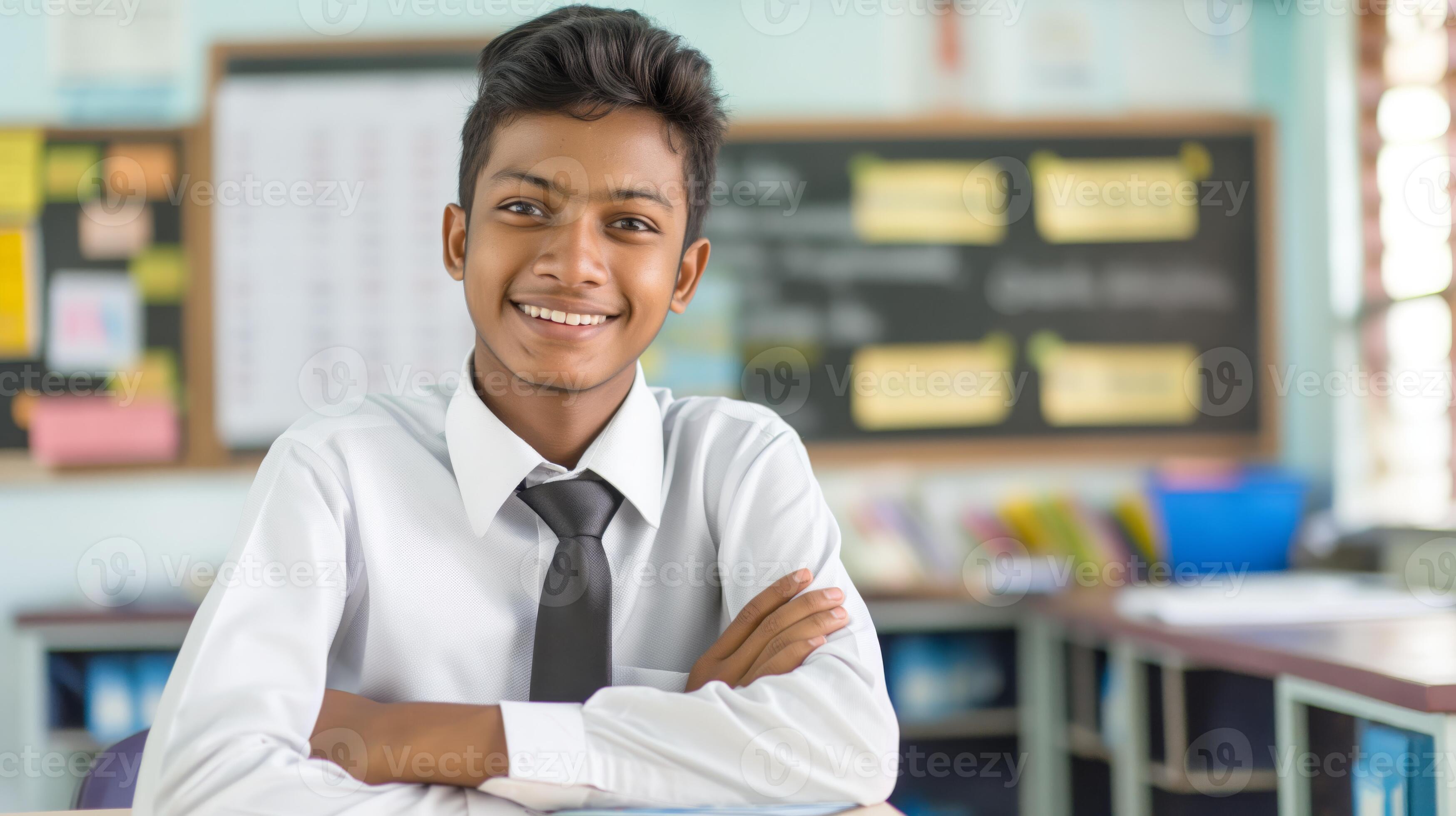 Smiling Bangladeshi High School Boy in Uniform Sitting at Desk in Classroom Setting, Ideal for ...