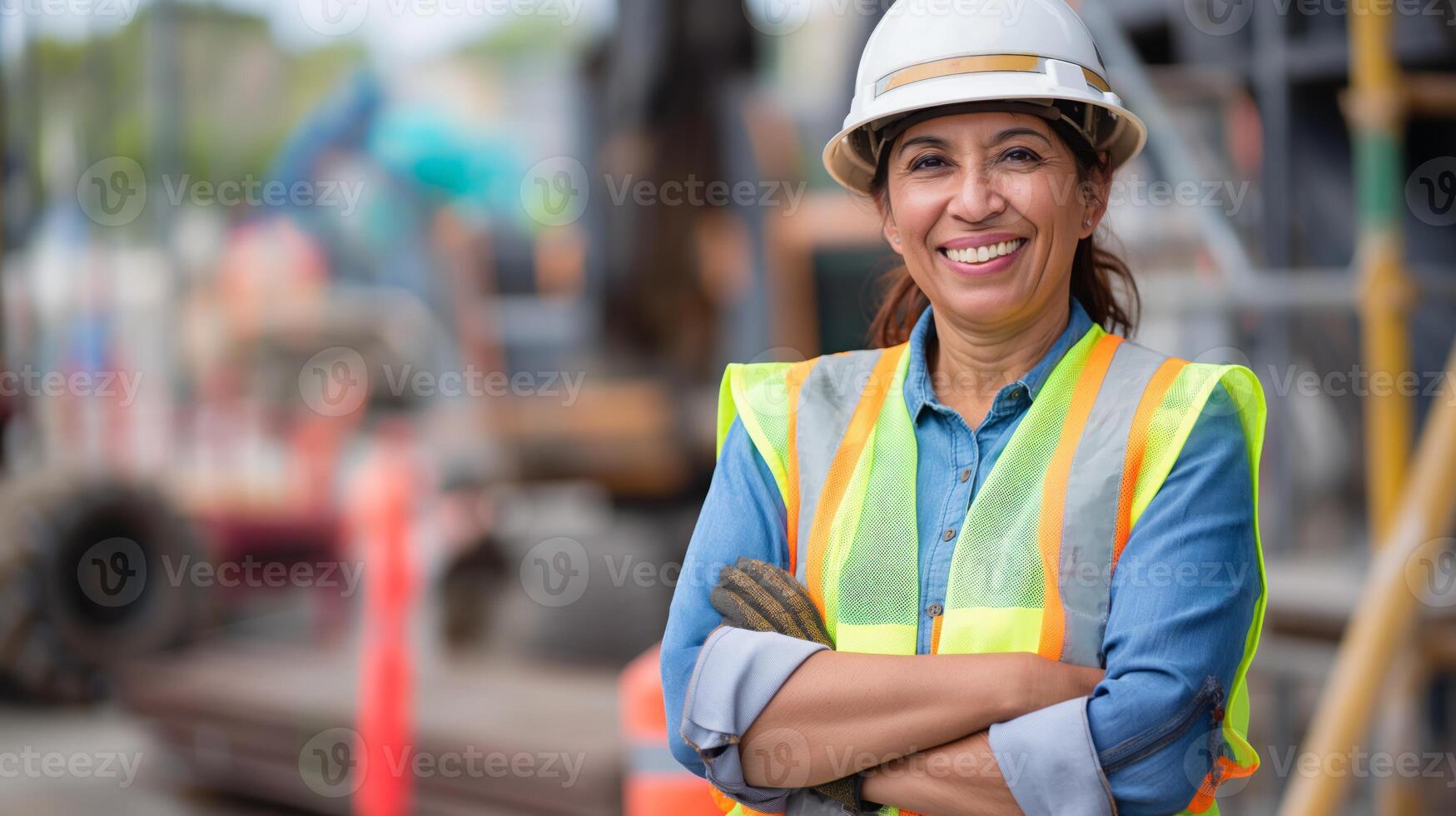 Hispanic Female Construction Worker Wearing Safety Helmet and Vest Smiling at Construction Site ...