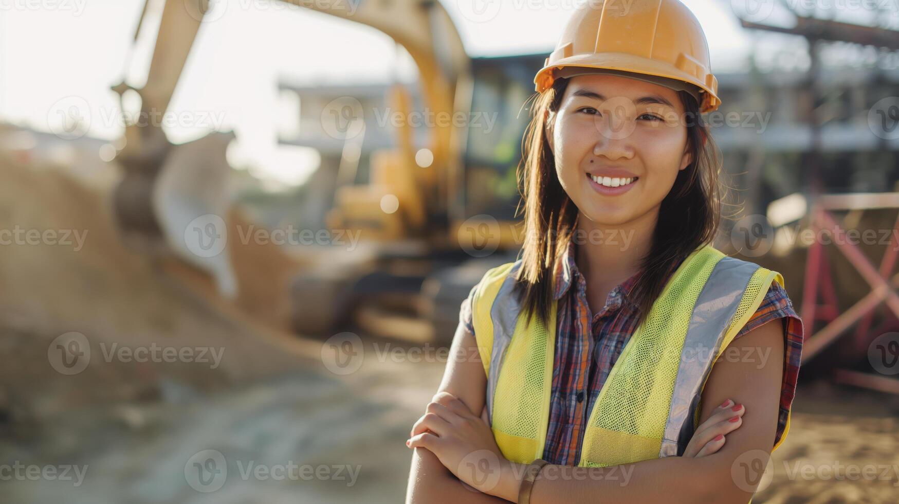 Confident Young Filipino Female Construction Worker in Safety Gear at Busy Worksite for Business ...
