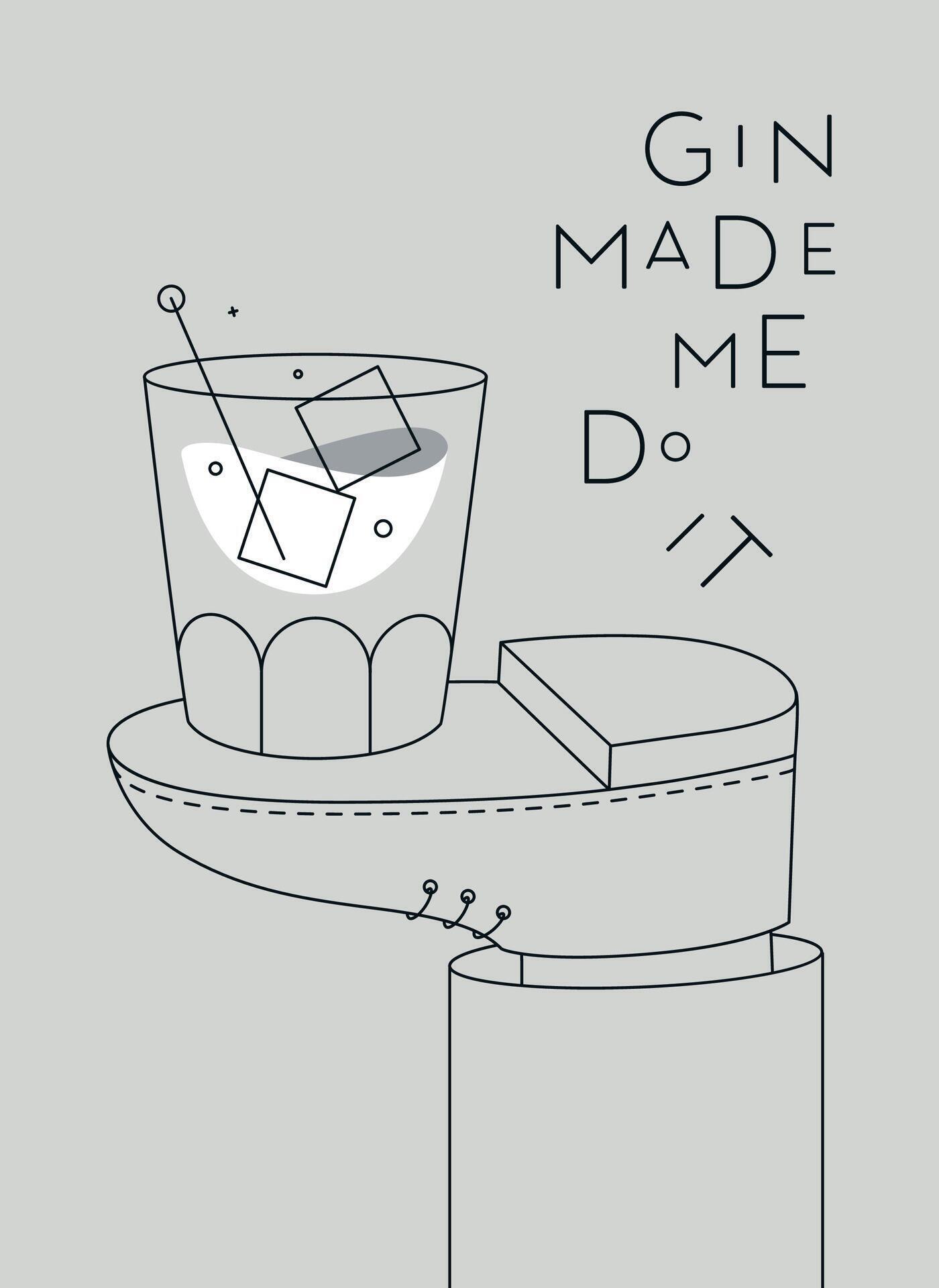 Alcohol Poster Gin Cocktail Glass With Lettering Time To Drink Stands On Foot Drawing In Line