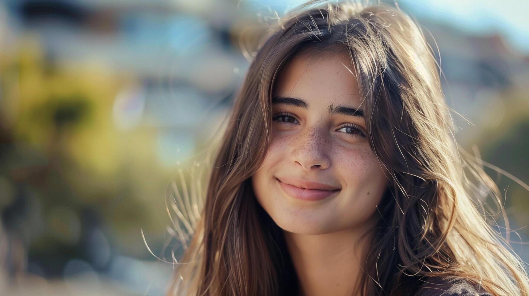 young woman with long brown hair smiling 46844278 Stock Photo at Vecteezy