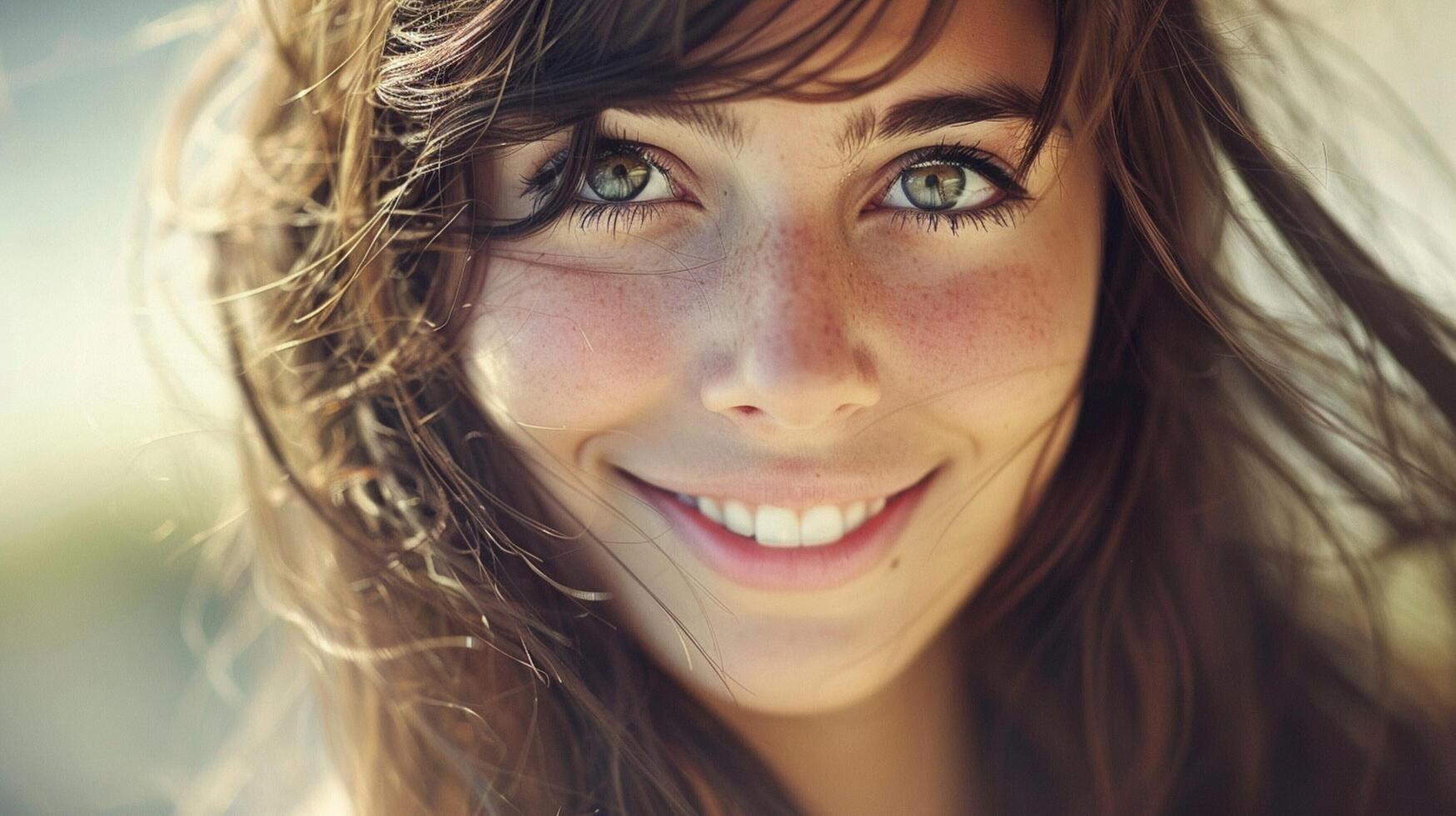 young woman with long brown hair smiling 46844819 Stock Photo at Vecteezy