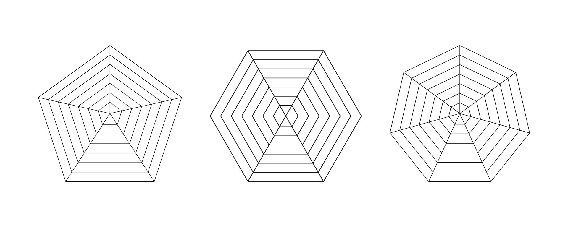 Pentagon, hexagon, heptagon radar, spider diagram template. Spider mesh ...