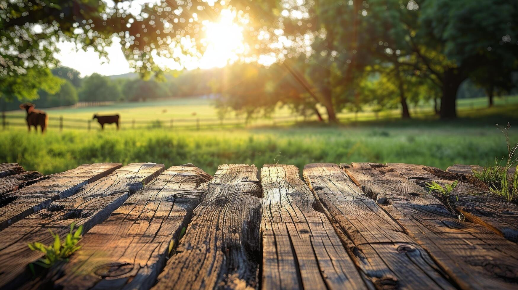 Wooden Table in Field With Cows 46860833 Stock Photo at Vecteezy