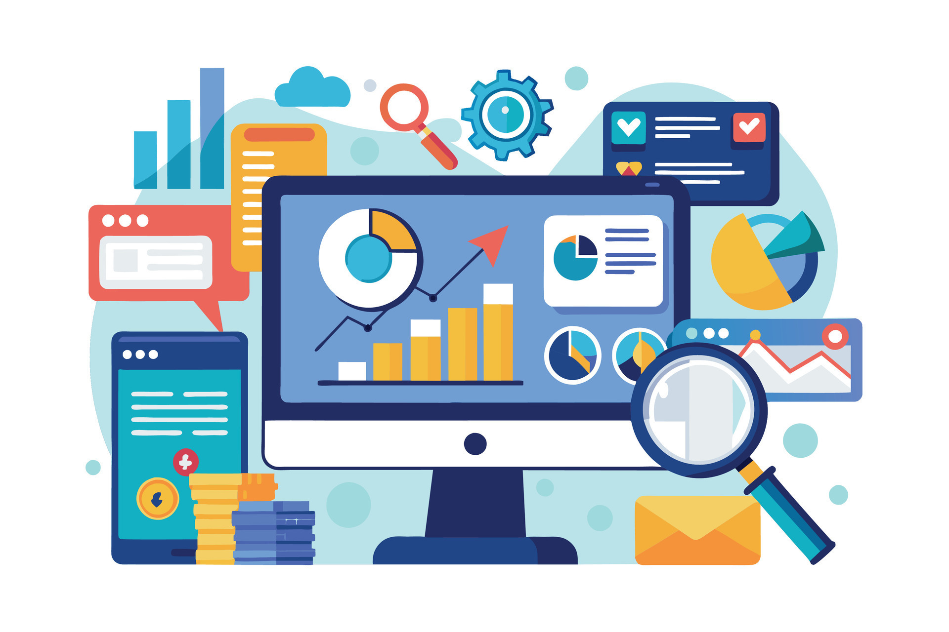 An illustration depicting a desktop computer screen displaying data ...