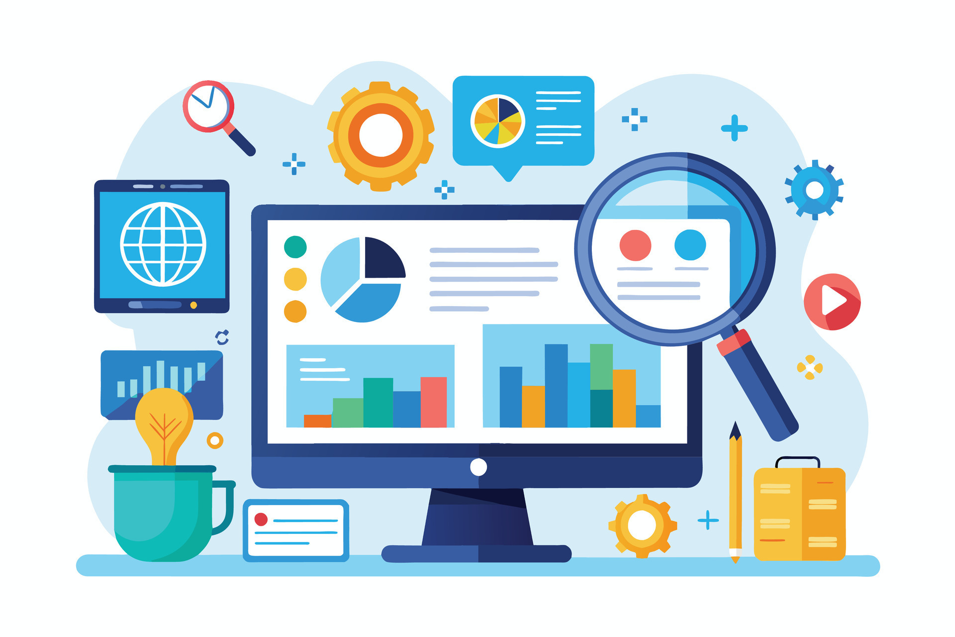 An illustration of a computer screen with data charts and graphs, a ...
