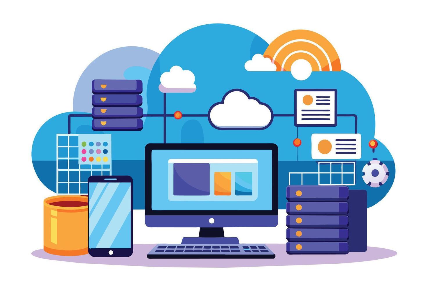 A colorful illustration depicting cloud computing technology, featuring ...