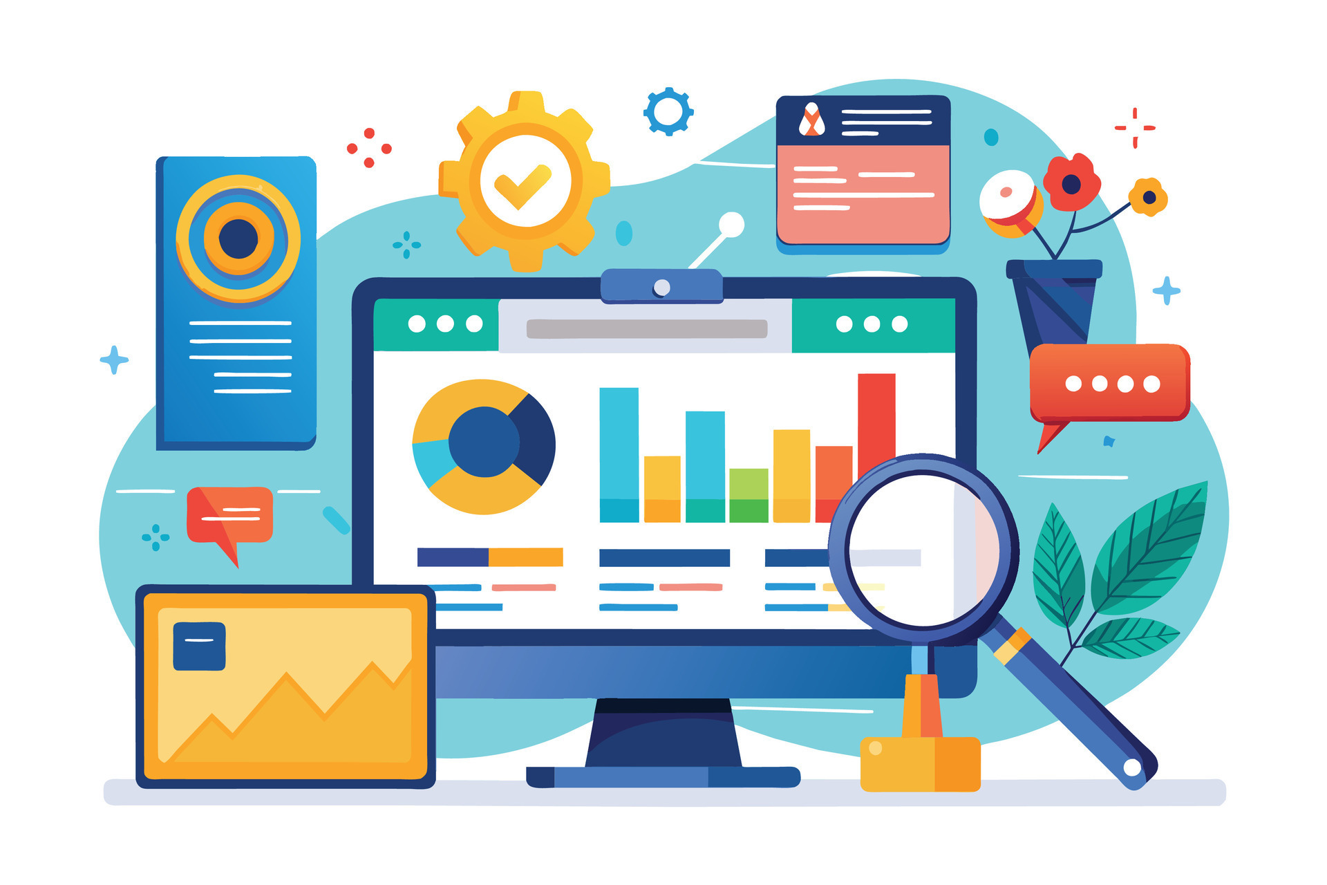 A modern desktop computer displays business data and charts, with a ...