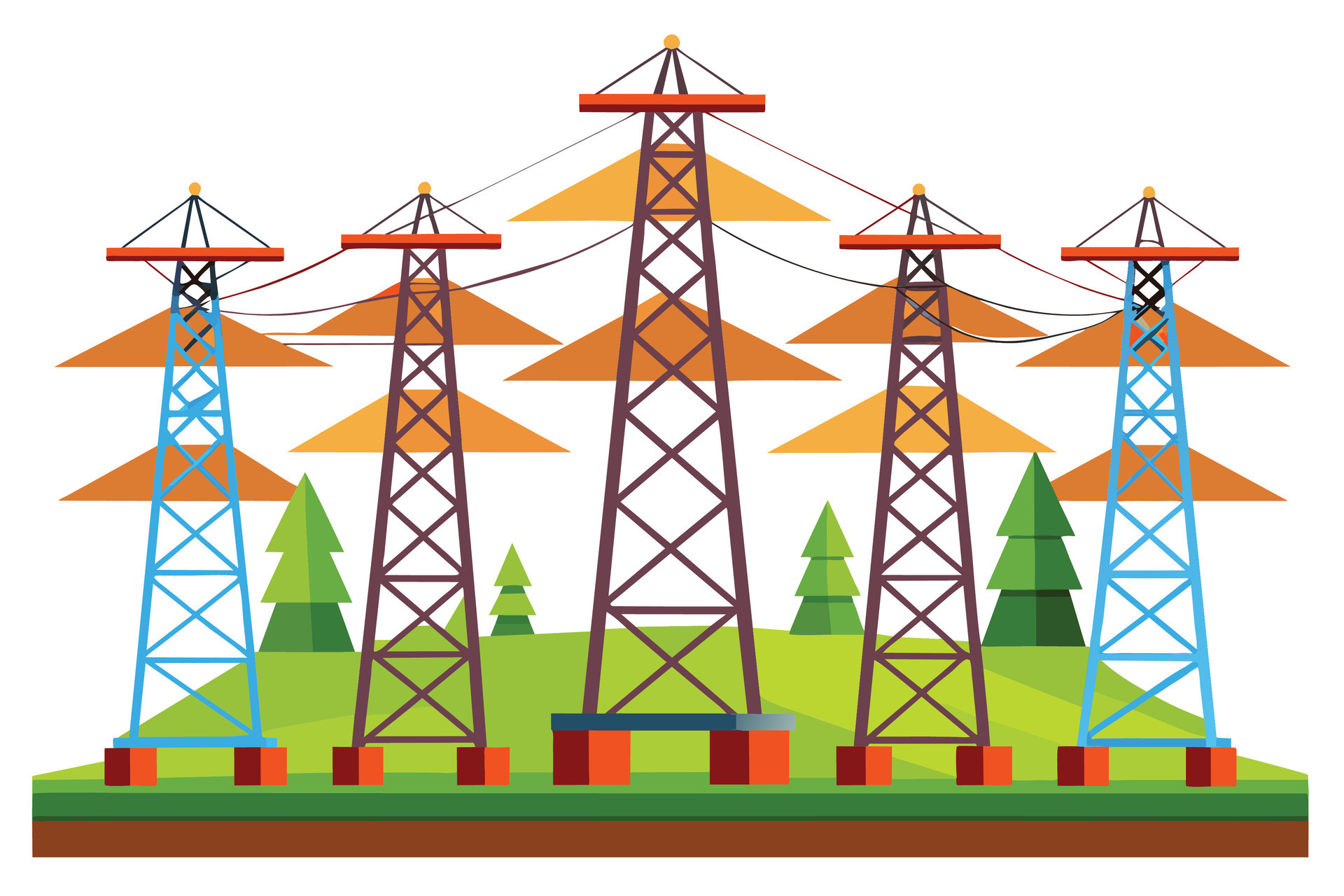An illustration of five power line towers in a green landscape with trees. The towers are ...