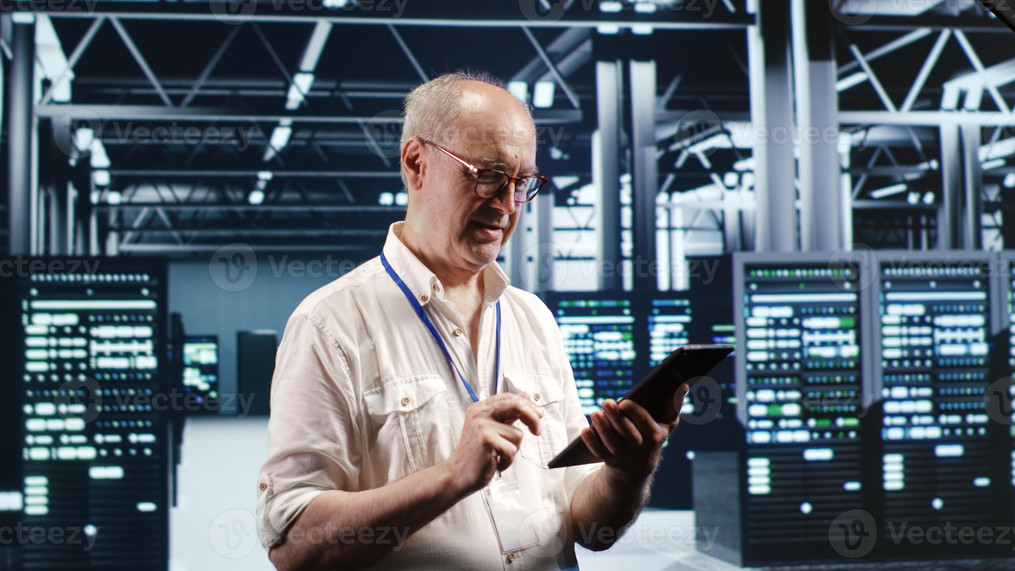 Octogenarian professional navigating network of server rigs in industrial base of operations ...
