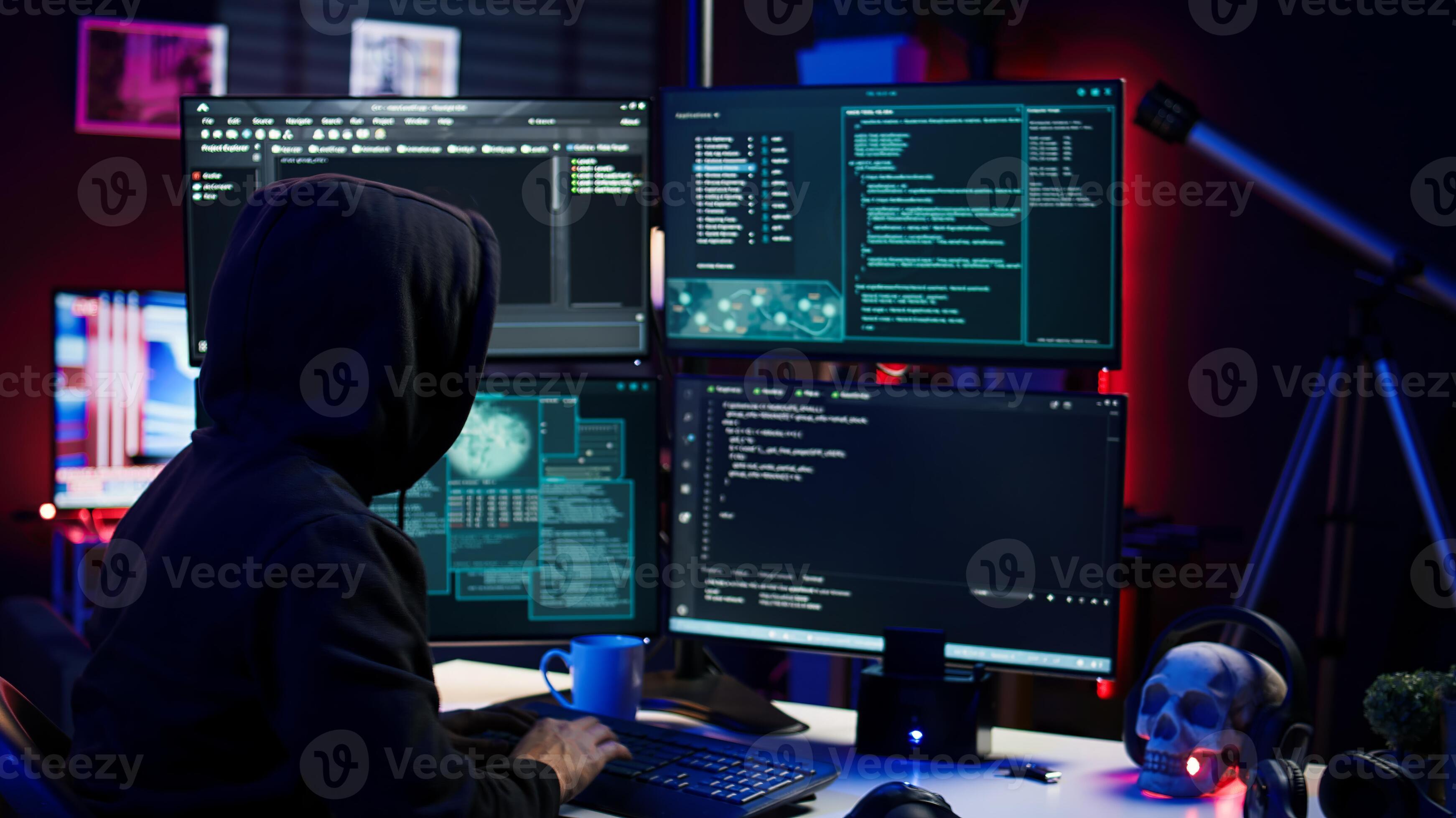 Hacker Using Pc To Steal Data Targeting Unpatched Security Systems Using Malware Scammer Using