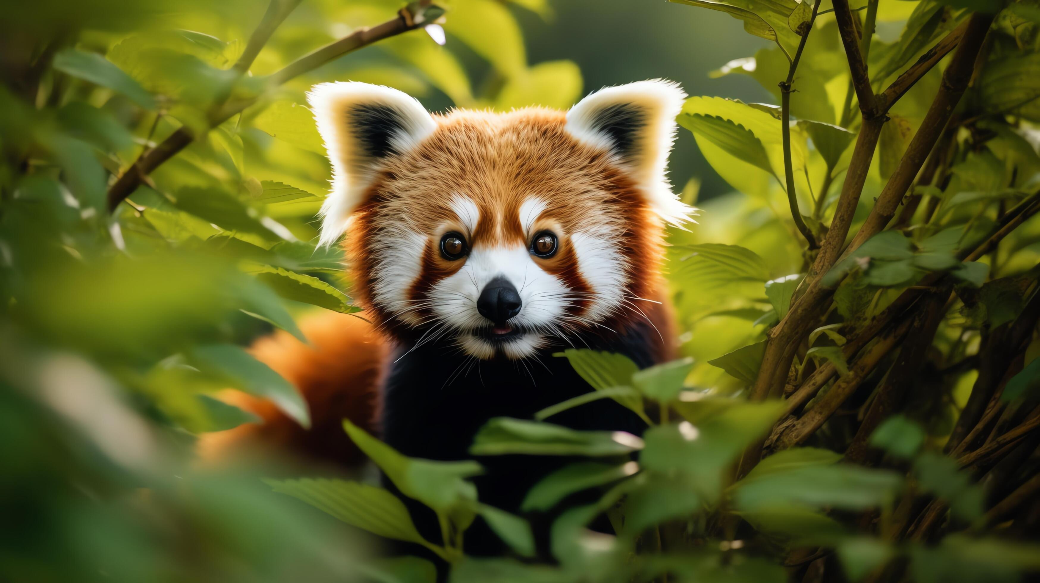 A red panda is sitting in a tree, looking out at the world with its big ...