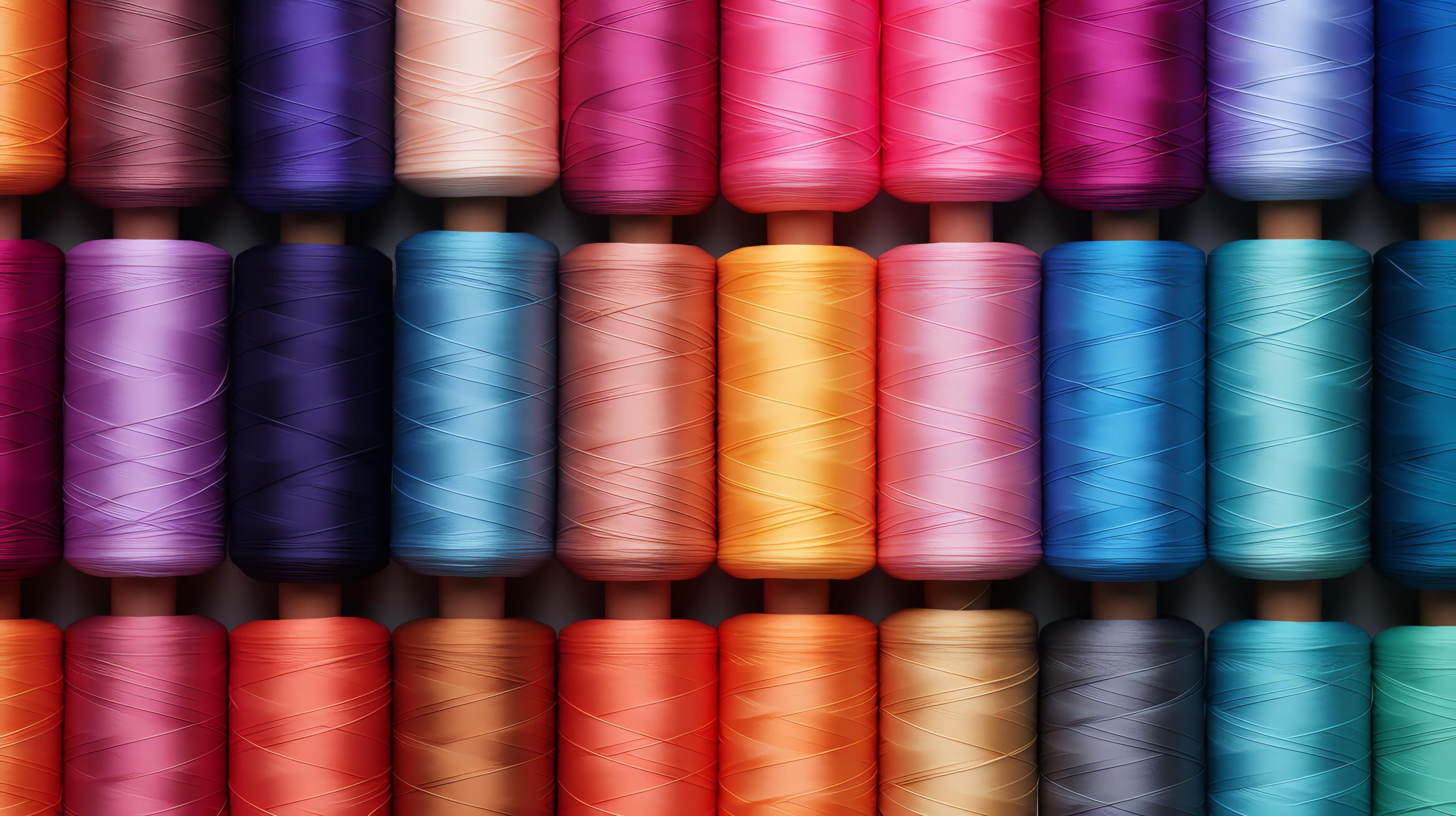 Close-up of a colorful array of thread spools, lined up to create a seamless gradient of hues ...