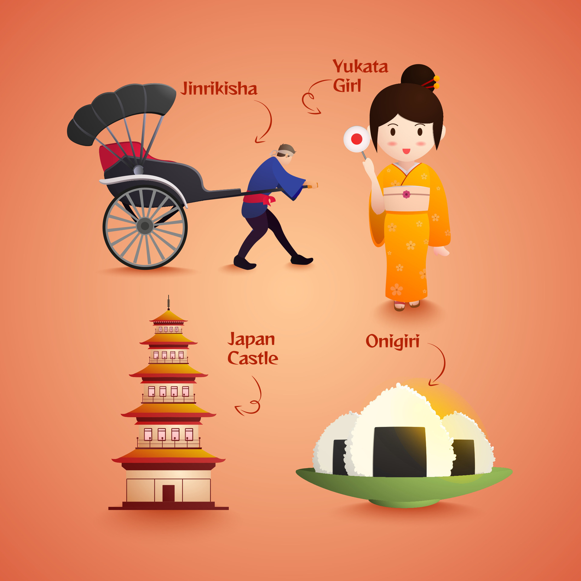 Set Japanese Symbols Tradition Design Illustration With Yukata Girl Castle Onigir Rikshaw