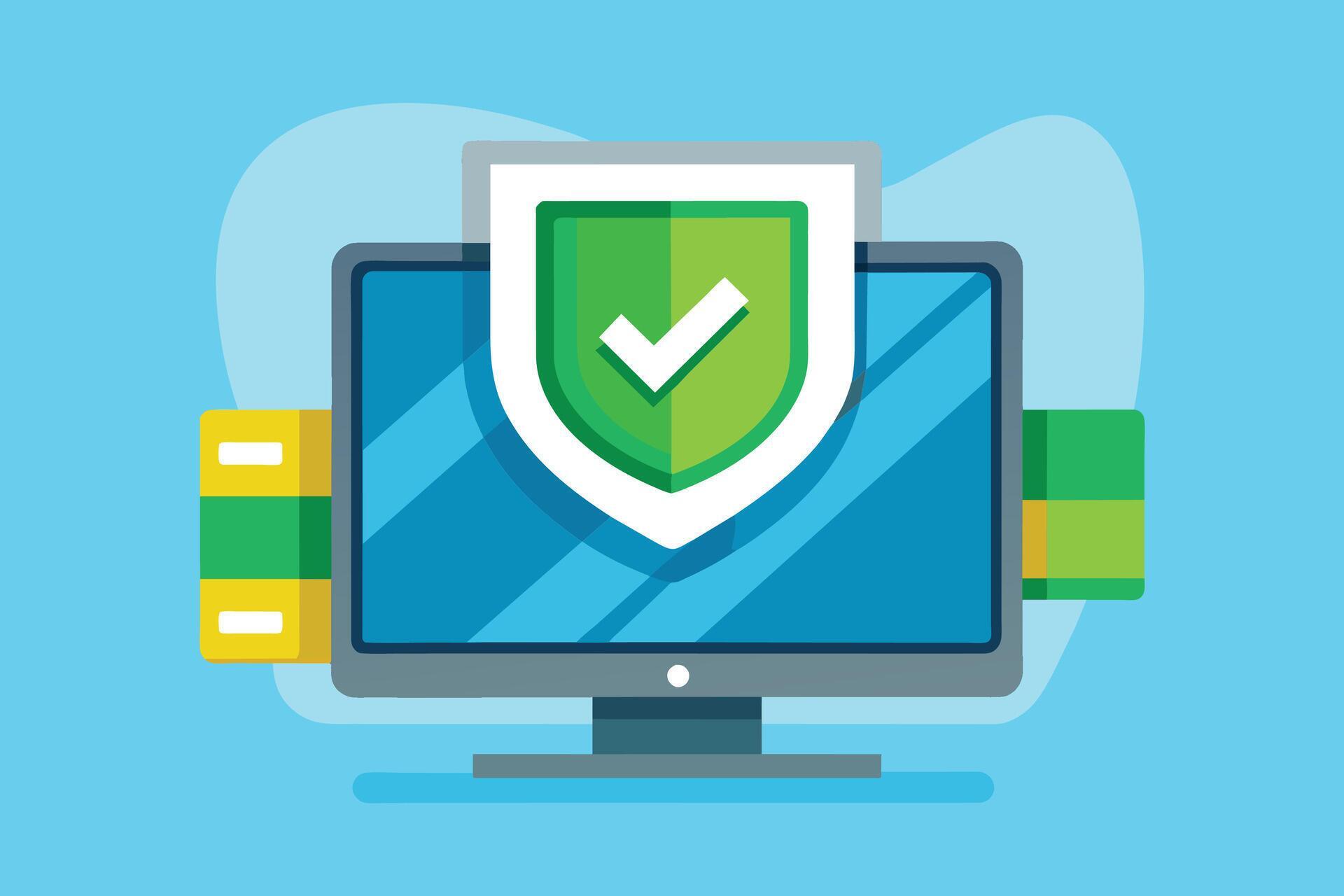 A flat illustration of a computer monitor with a large green checkmark shield in front of it ...
