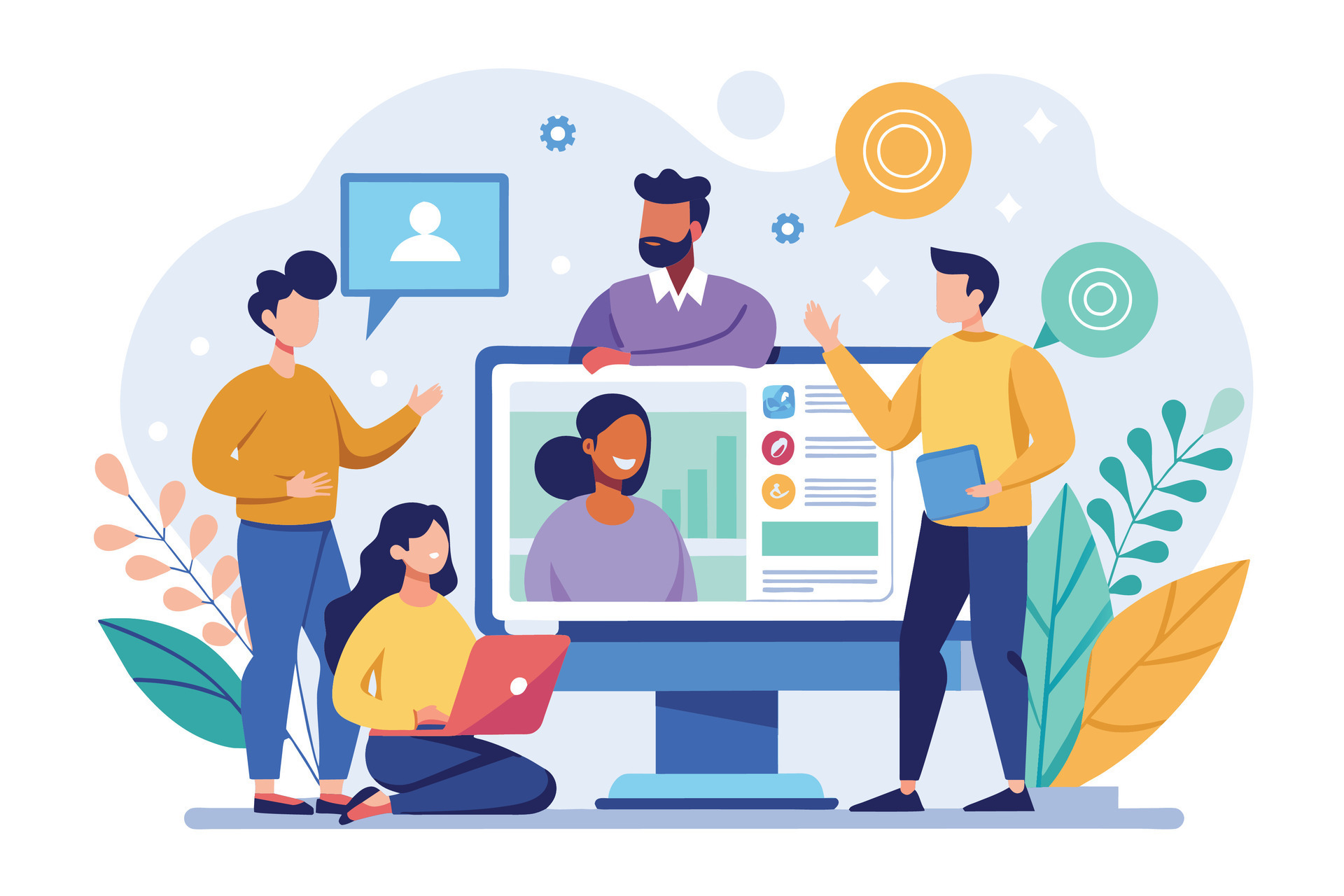 un diverso grupo de personas son reunido alrededor un computadora pantalla, participativo en un ...