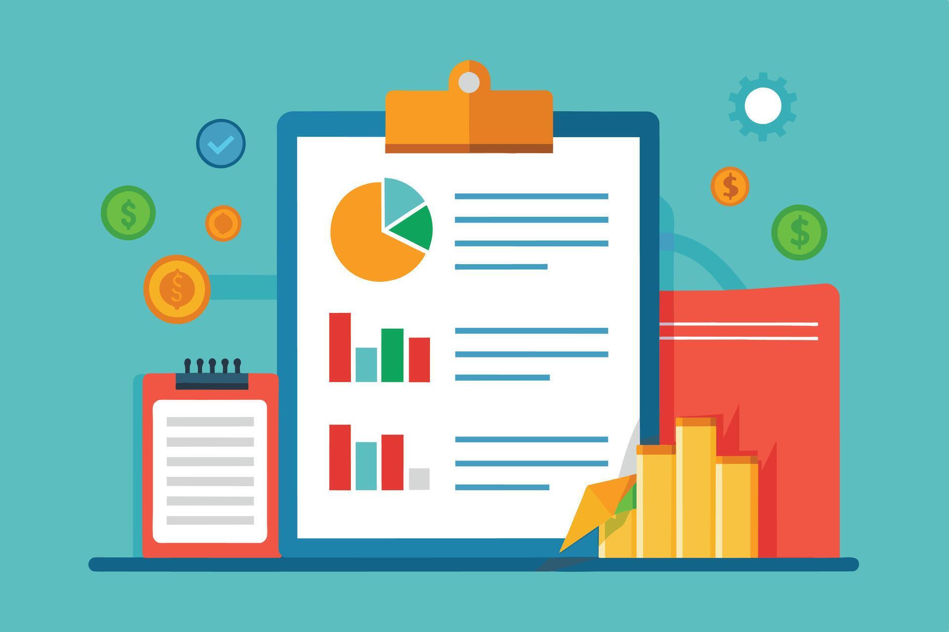 Illustration of a business financial report with charts and graphs ...