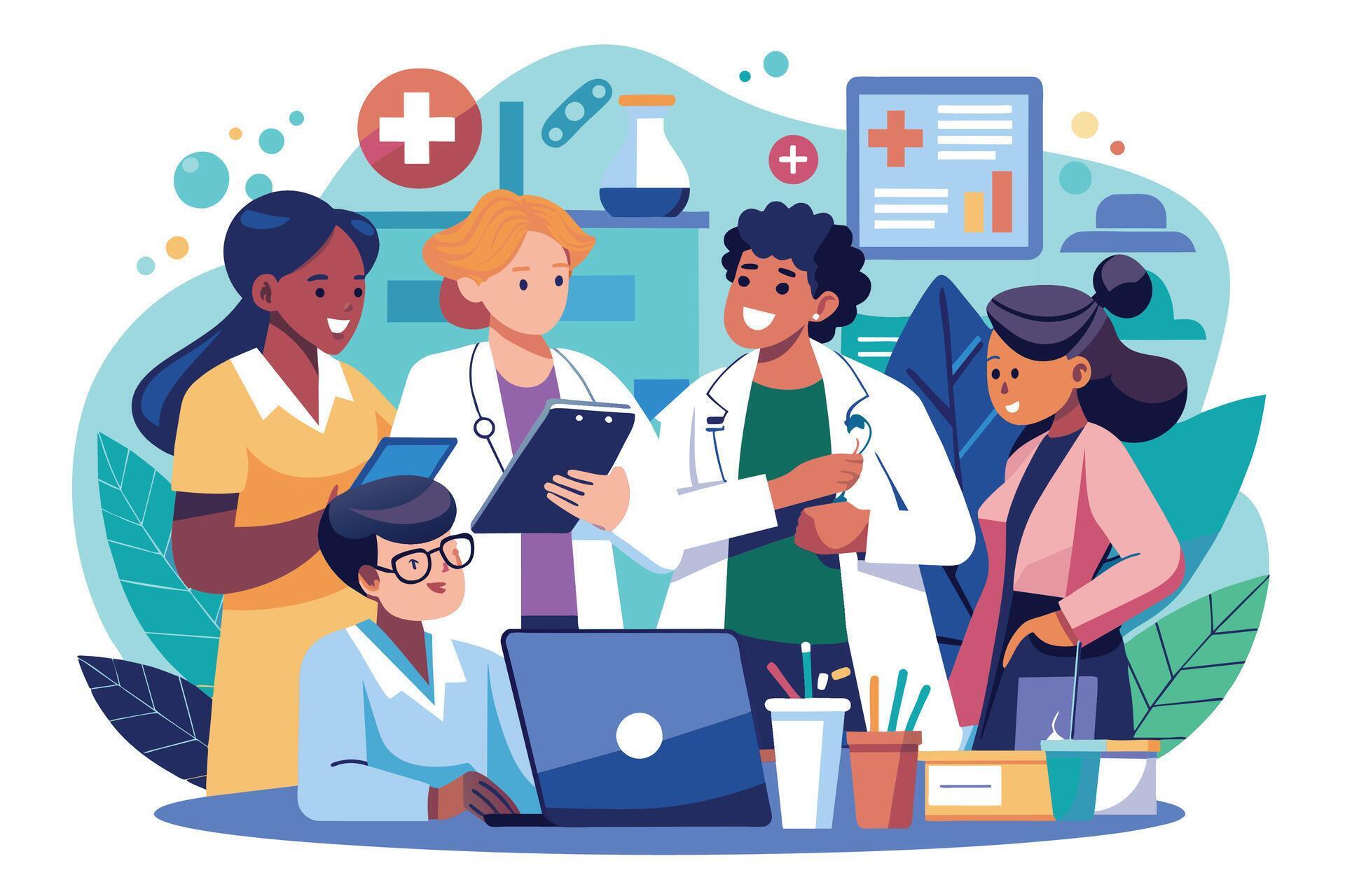 A diverse group of medical professionals gather around a laptop in a ... A diverse group of medical professionals gather around a laptop in a ...