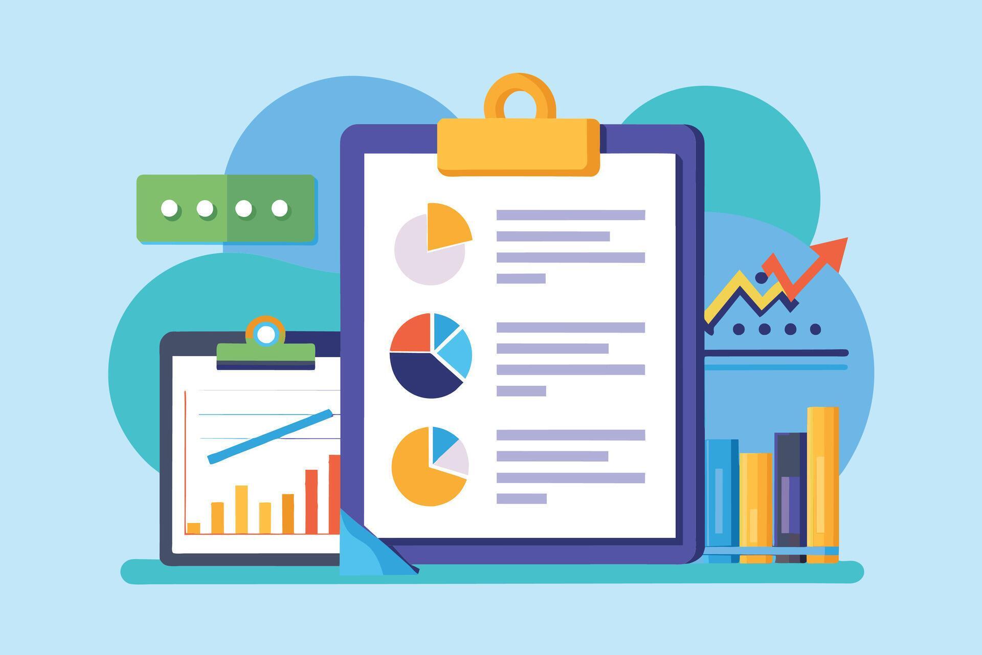A business analysis report with charts, graphs, and data displayed on a clipboard. 46885420 ...