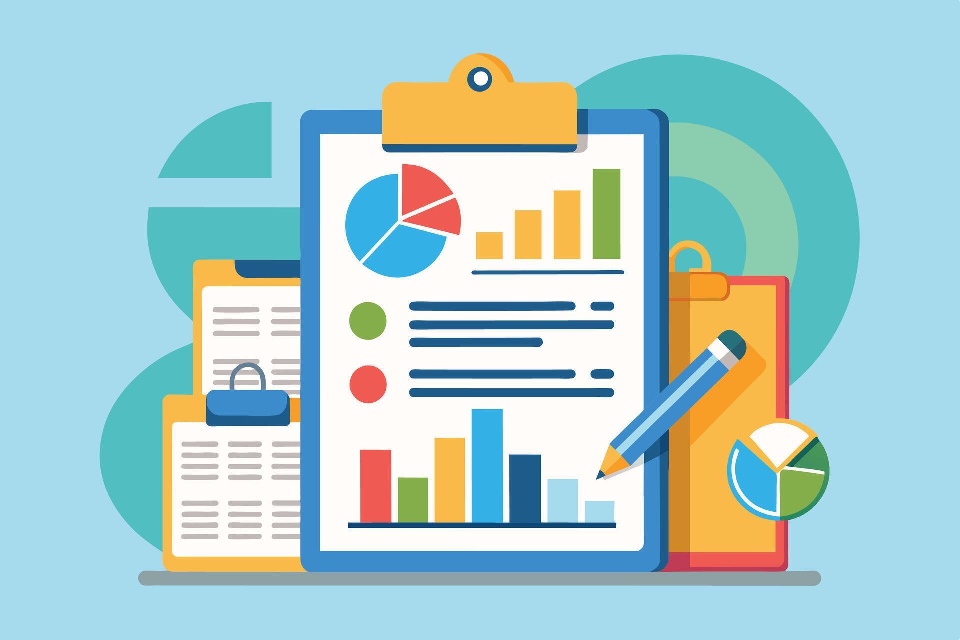 A graphic of a clipboard with various colorful graphs and charts, representing business data ...
