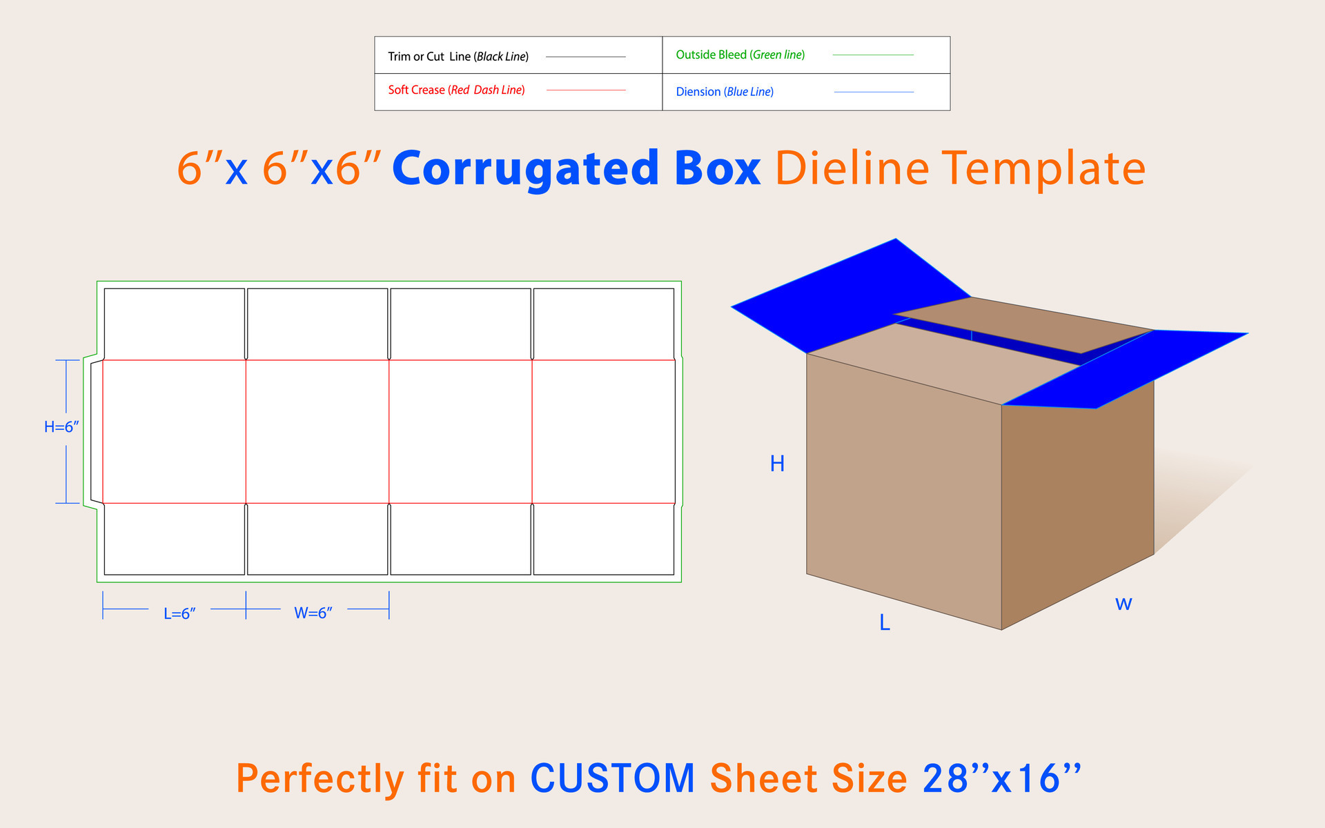 Corrugated Shipping Box 6x6x6 inches Dieline Template 46889722 Vector Art at Vecteezy