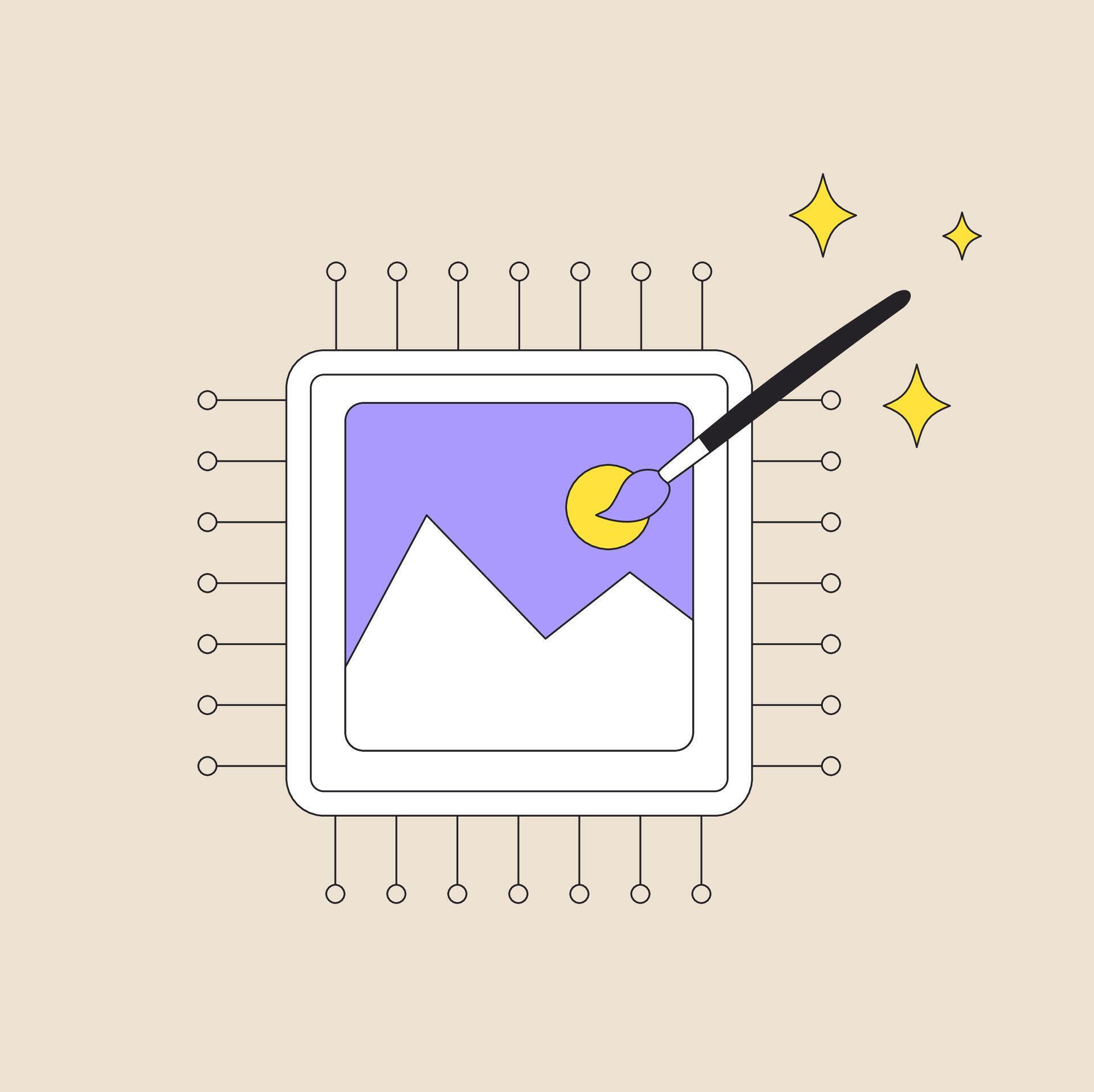 Chip with image and brush. Text to image prompt engineering. Neuron network. 46890488 Vector Art ...