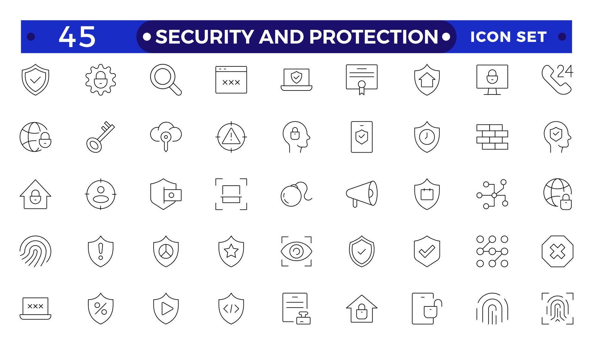 Security and Protection outline icon set. Data protection symbol. Secured network icon ...