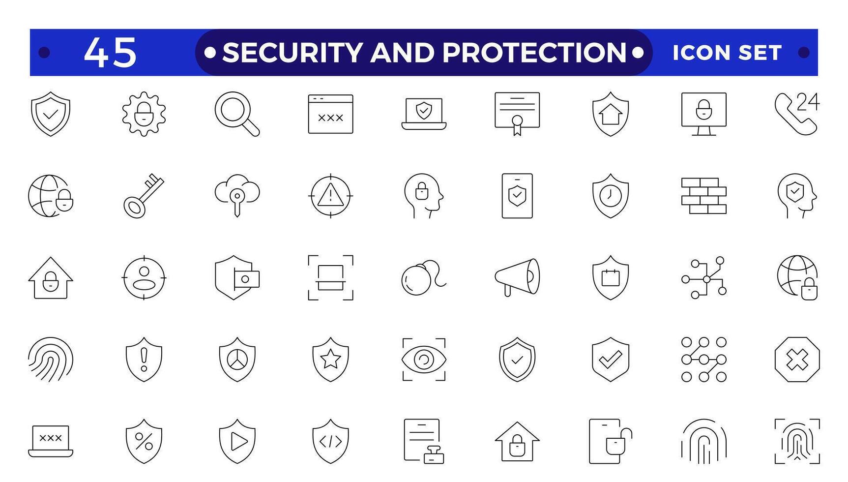 Security and Protection outline icon set. Data protection symbol. Secured network icon ...