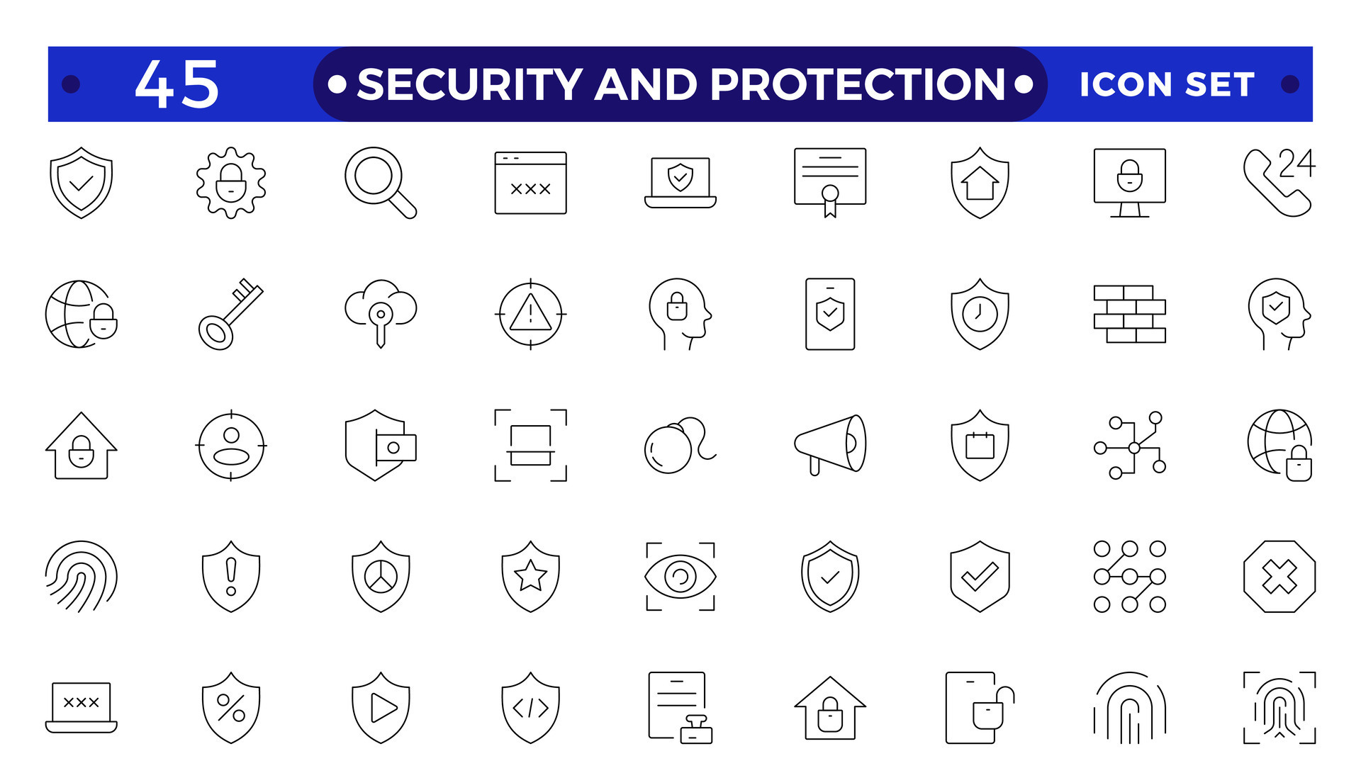 Security and Protection outline icon set. Data protection symbol. Secured network icon ...