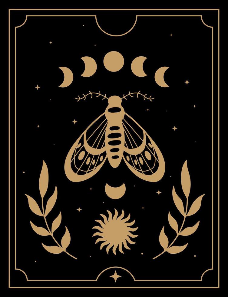 Mystical card with golden moth, moon. Magic and esoteric aesthetics. Outline boho insect on ...