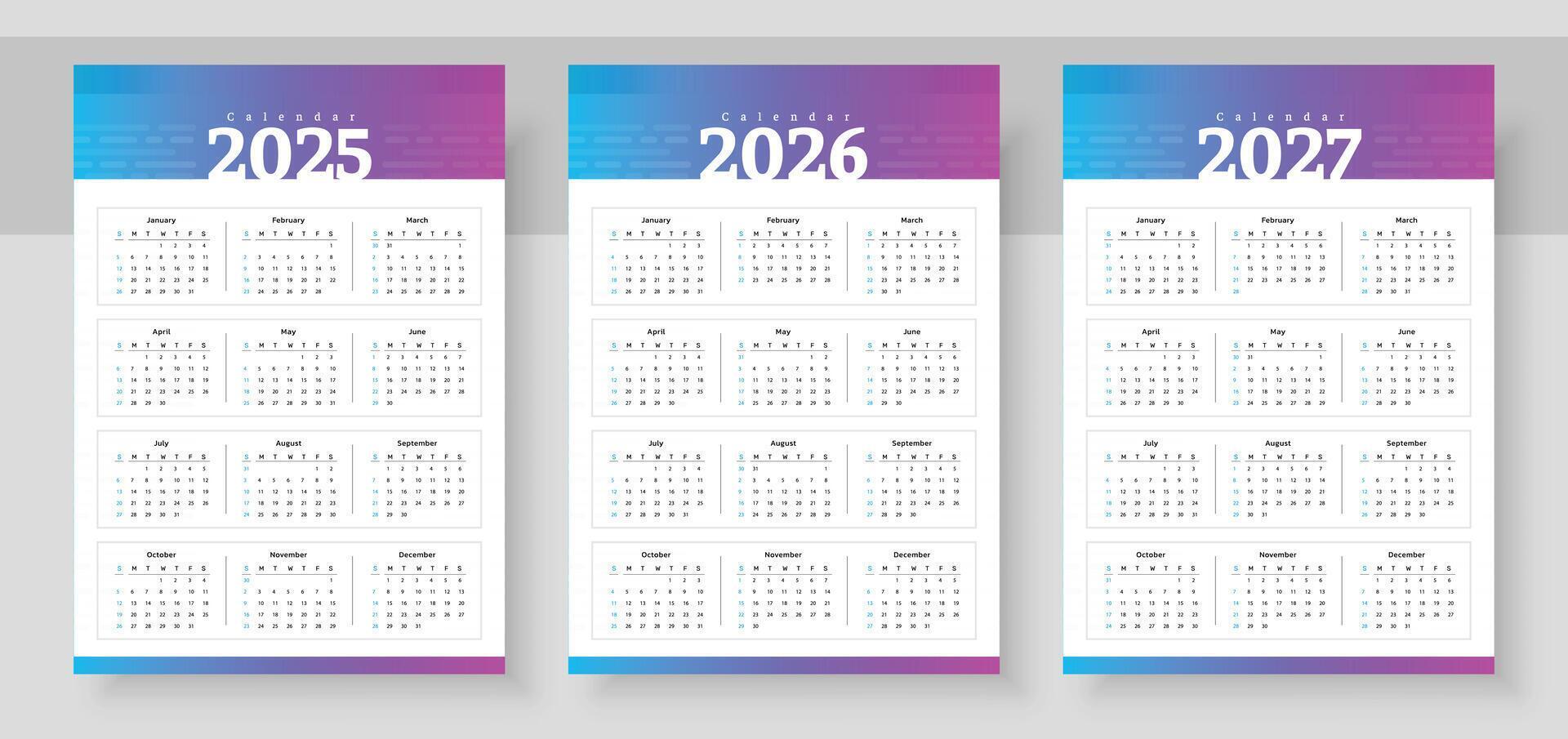 Web2025, 2026 and 2027 calendar set. The week starts on Sunday. Simple calender layout. Yearly ...