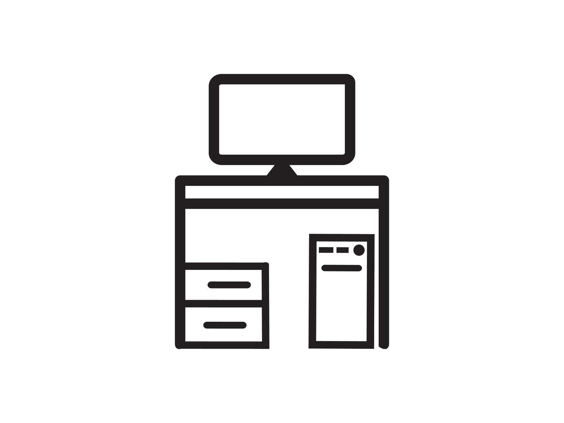 Office workspace desk icon. Computer table with folders line and glyph ...