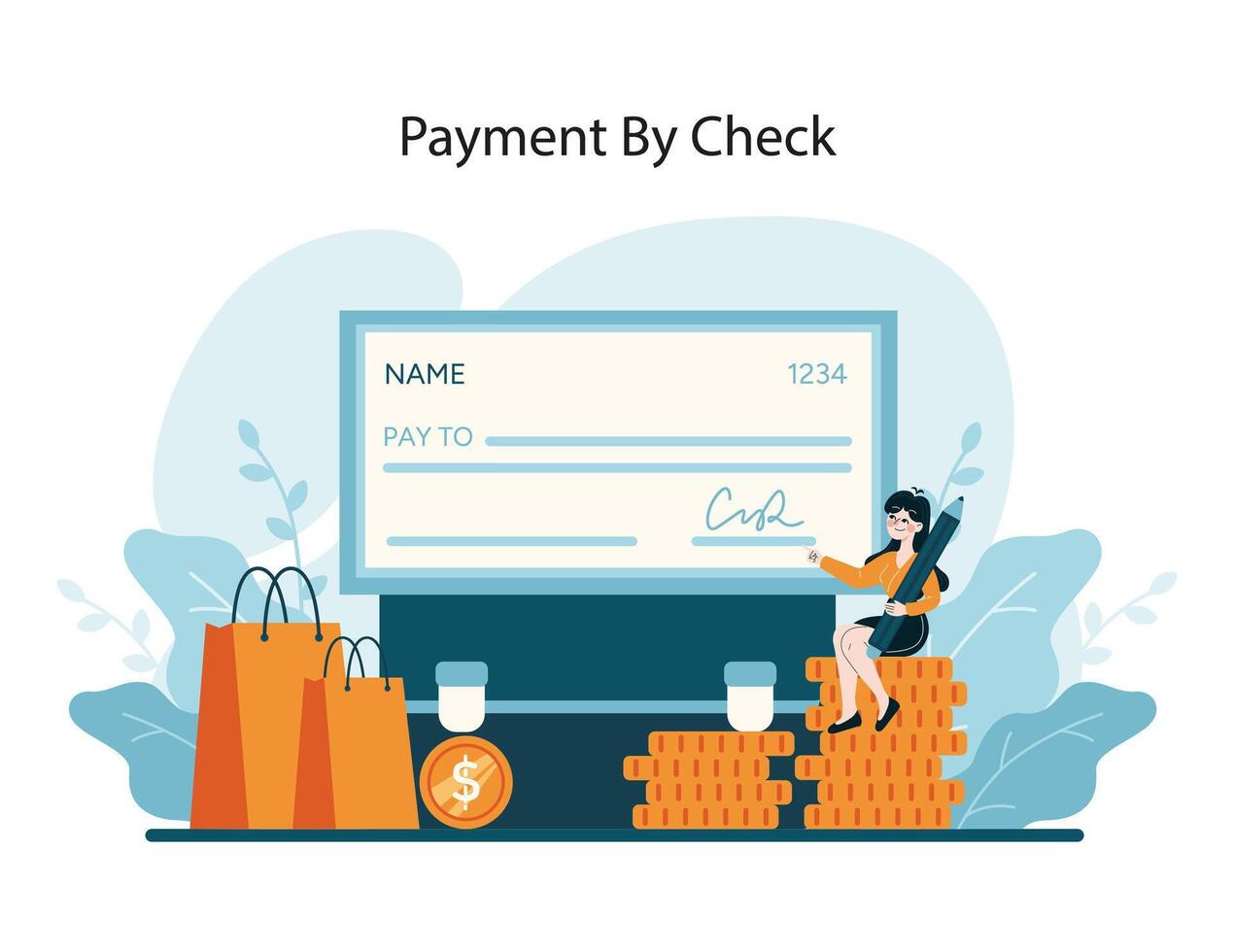 Capturing the classic method of check payments in retail, juxtaposed with modern shopping ...