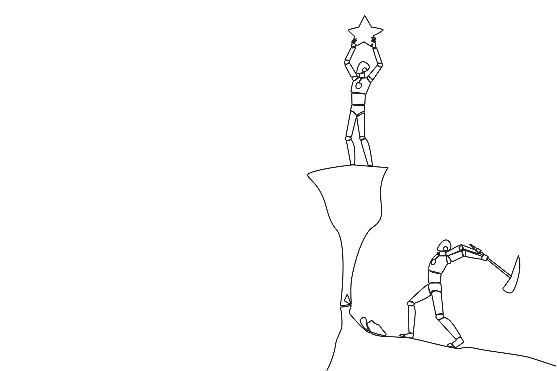 Single One Line Drawing Smart Robot Standing On A Cliff Lifting A Star An Envious Friend