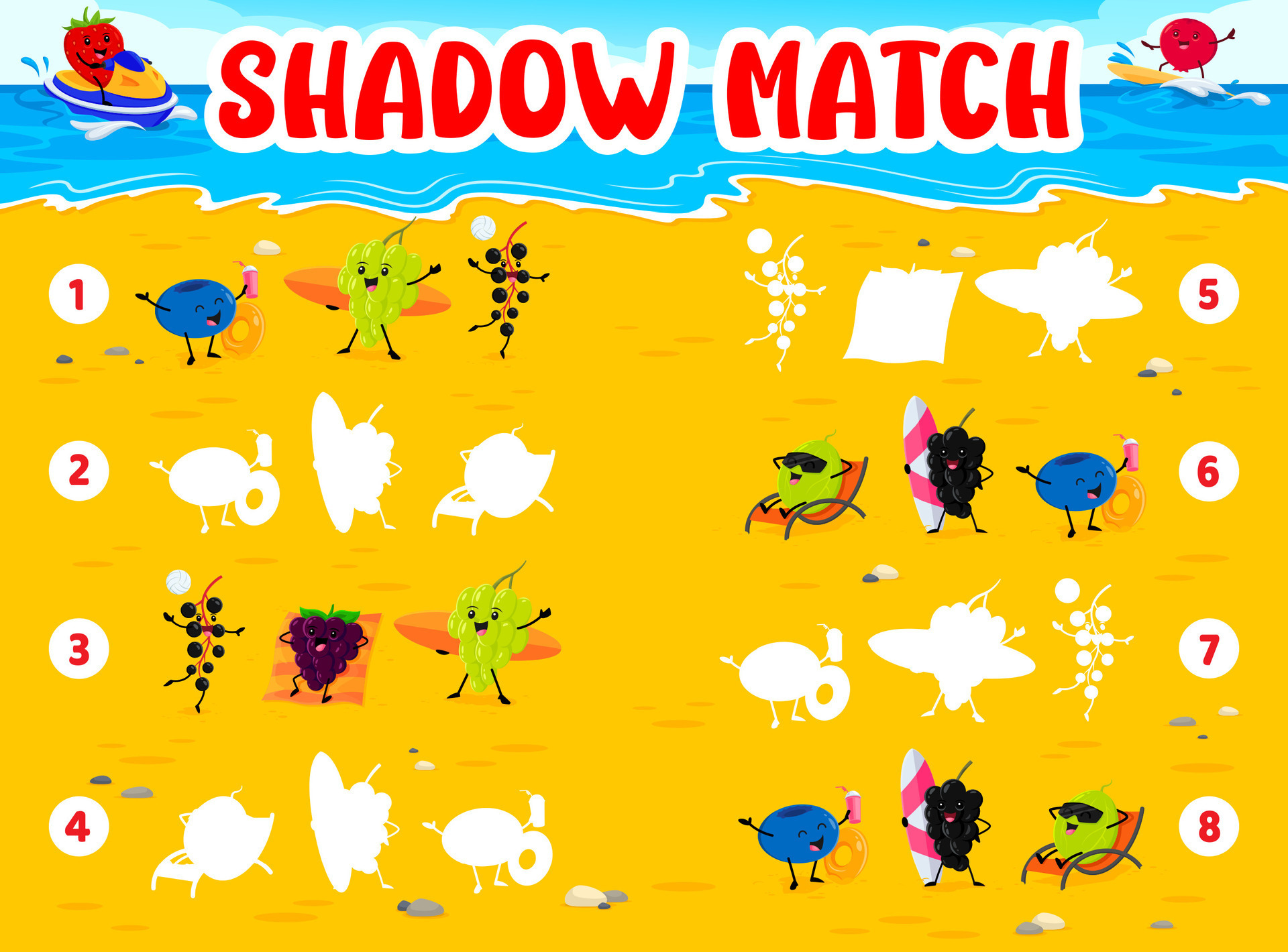 Shadow match game with berry characters on beach 46915077 Vector Art at ...