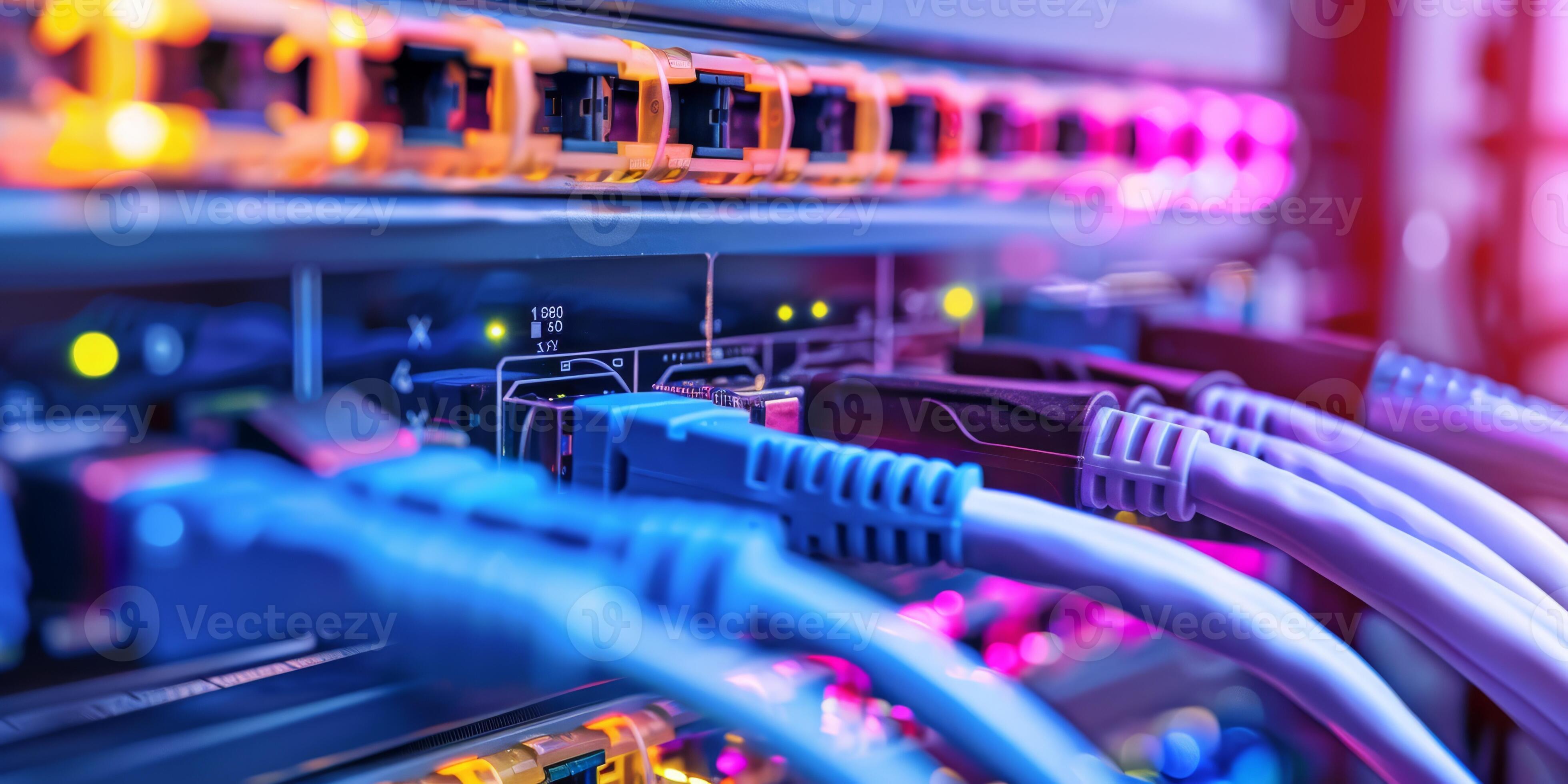 Network cables in a data center connect servers with LED lights for ...