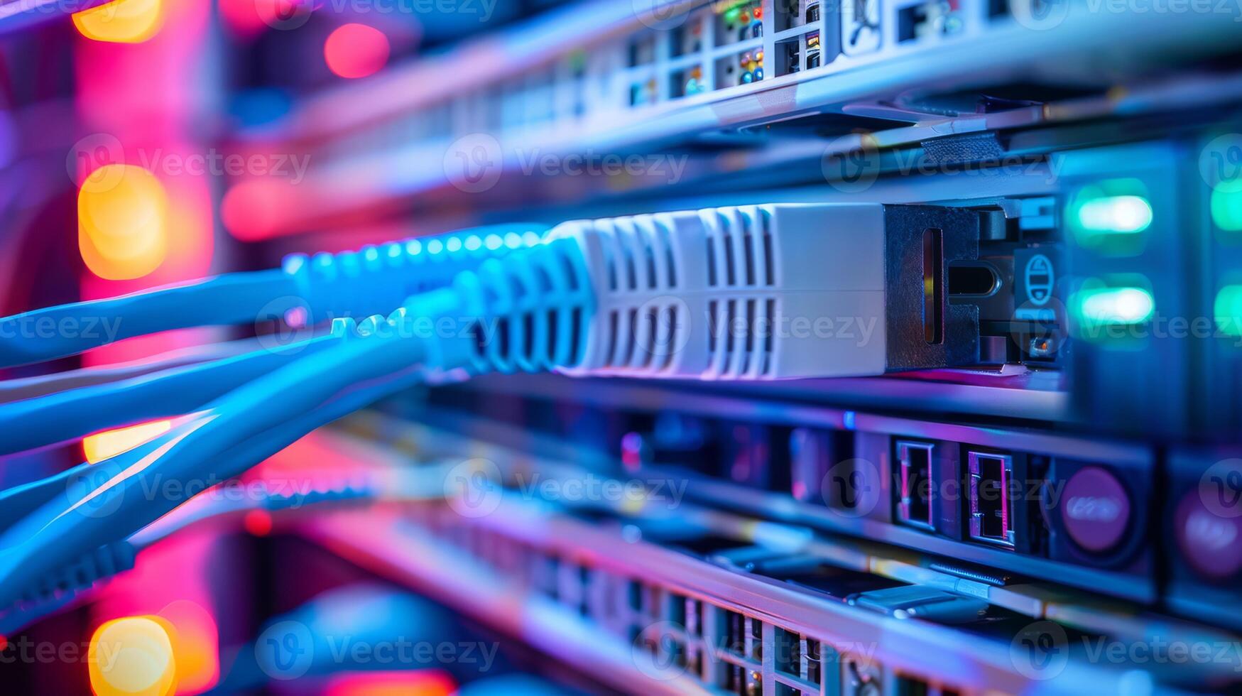 Closeup Of Ethernet Cables Connected To A Server With Glowing Led Lights Representing Data