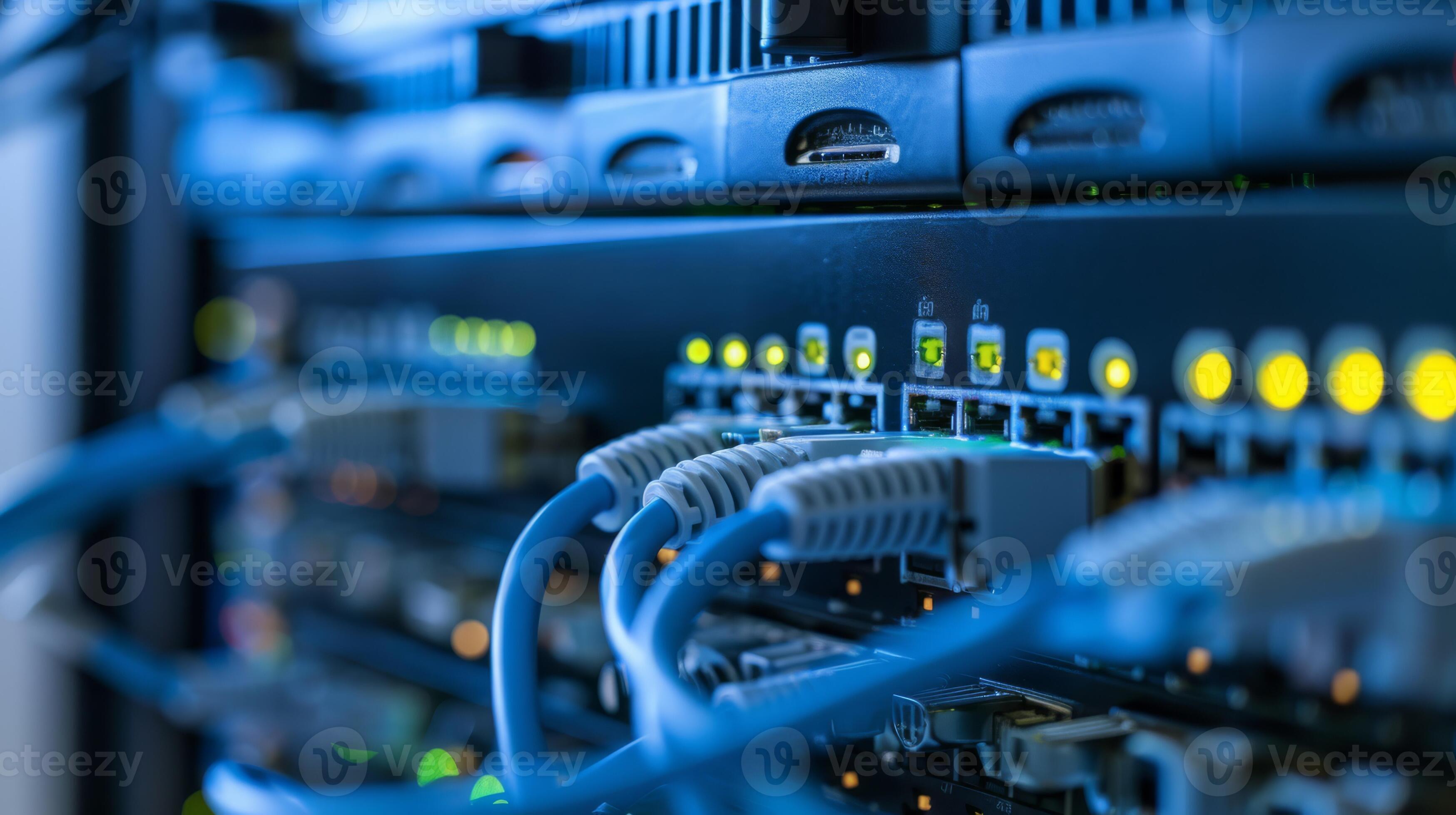 Network cables in a data center connect servers with LED lights for ...
