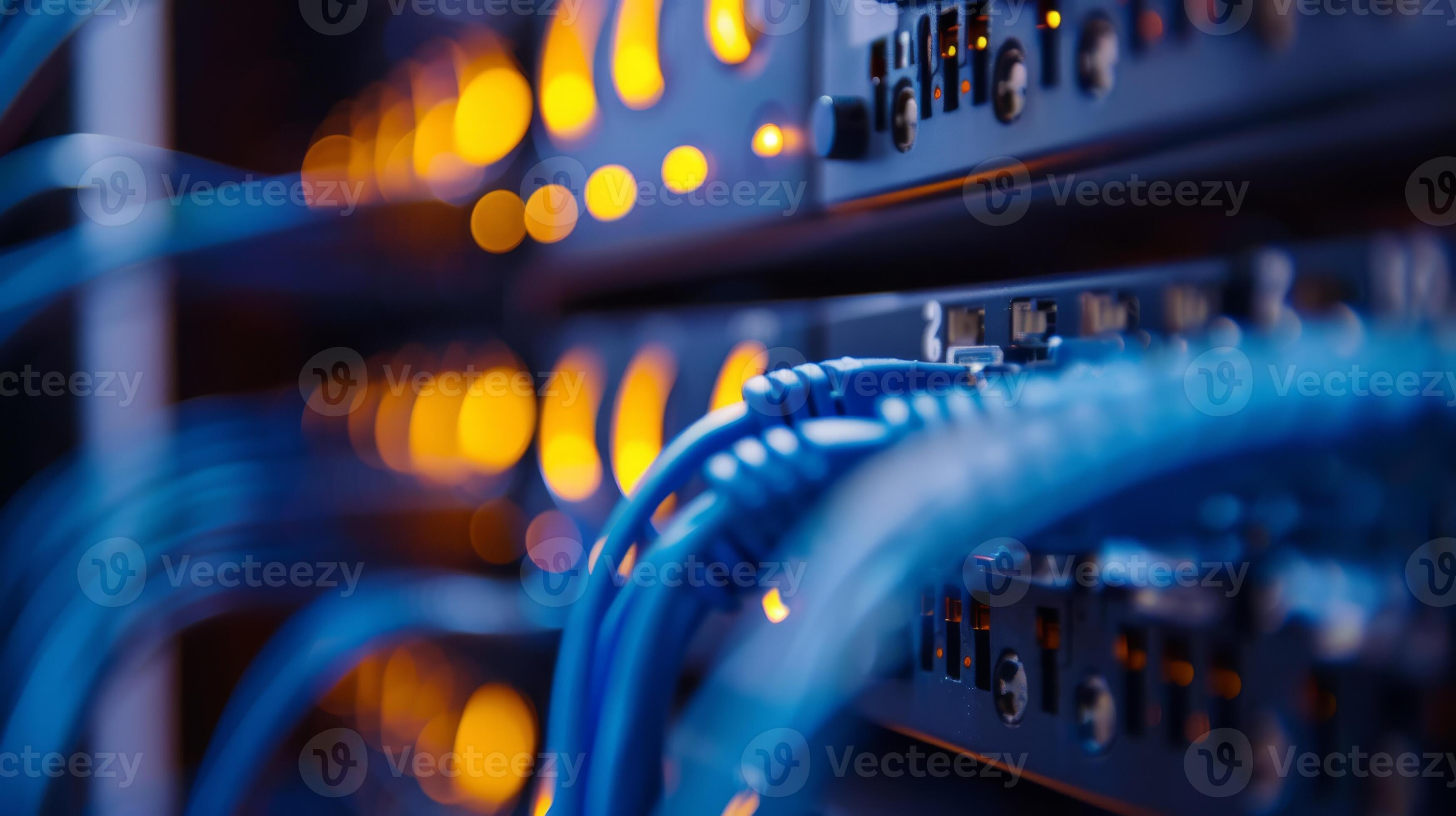 Network cables in a data center connect servers with LED lights for ...