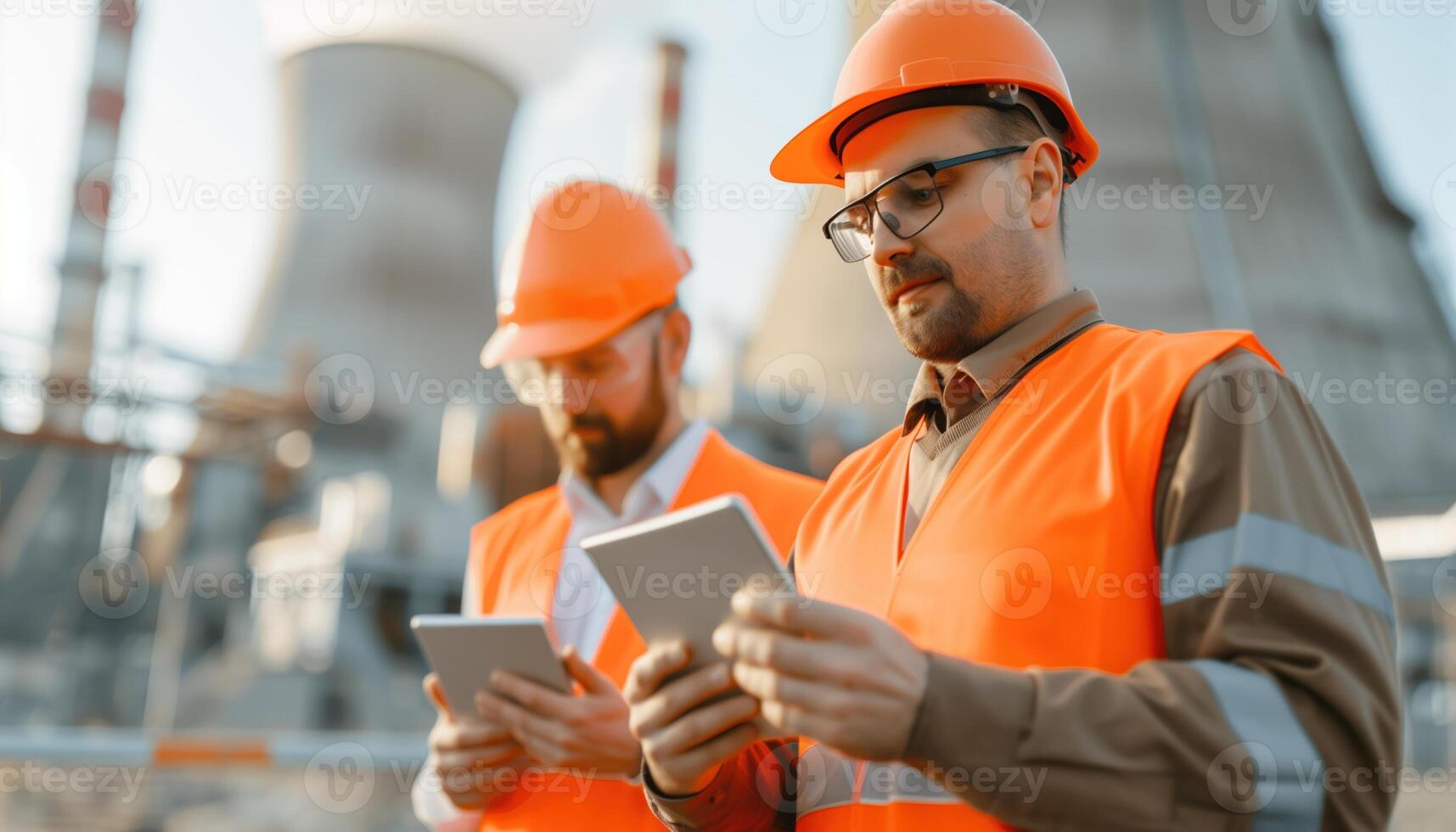Construction Workers Reviewing Plans on Tablets 46925068 Stock Photo at ... Construction Workers Reviewing Plans on Tablets 46925068 Stock Photo at ...