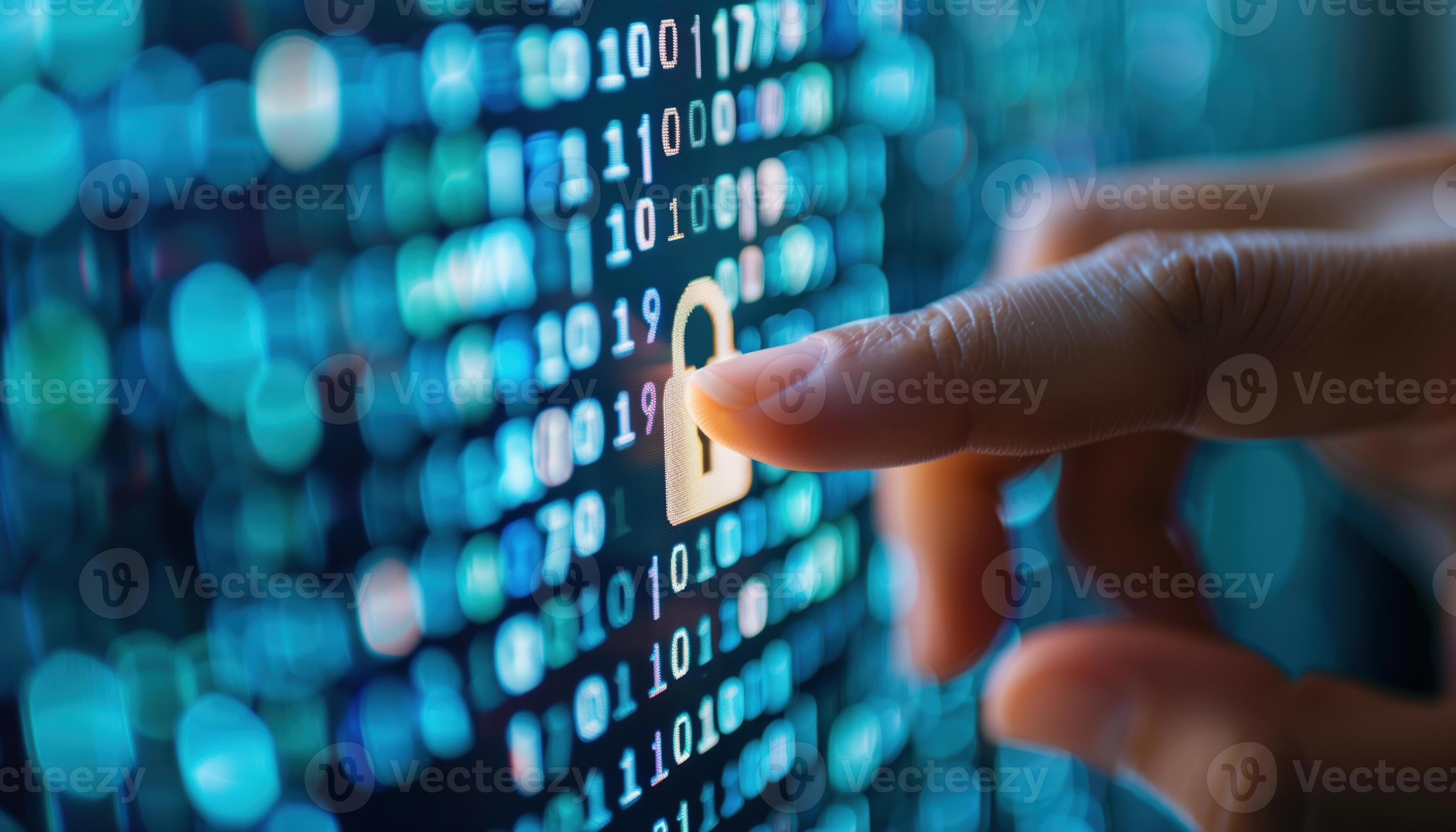 Digital Security Enhancement Finger Touching Virtual Lock Amidst Binary Code 46925092 Stock ...