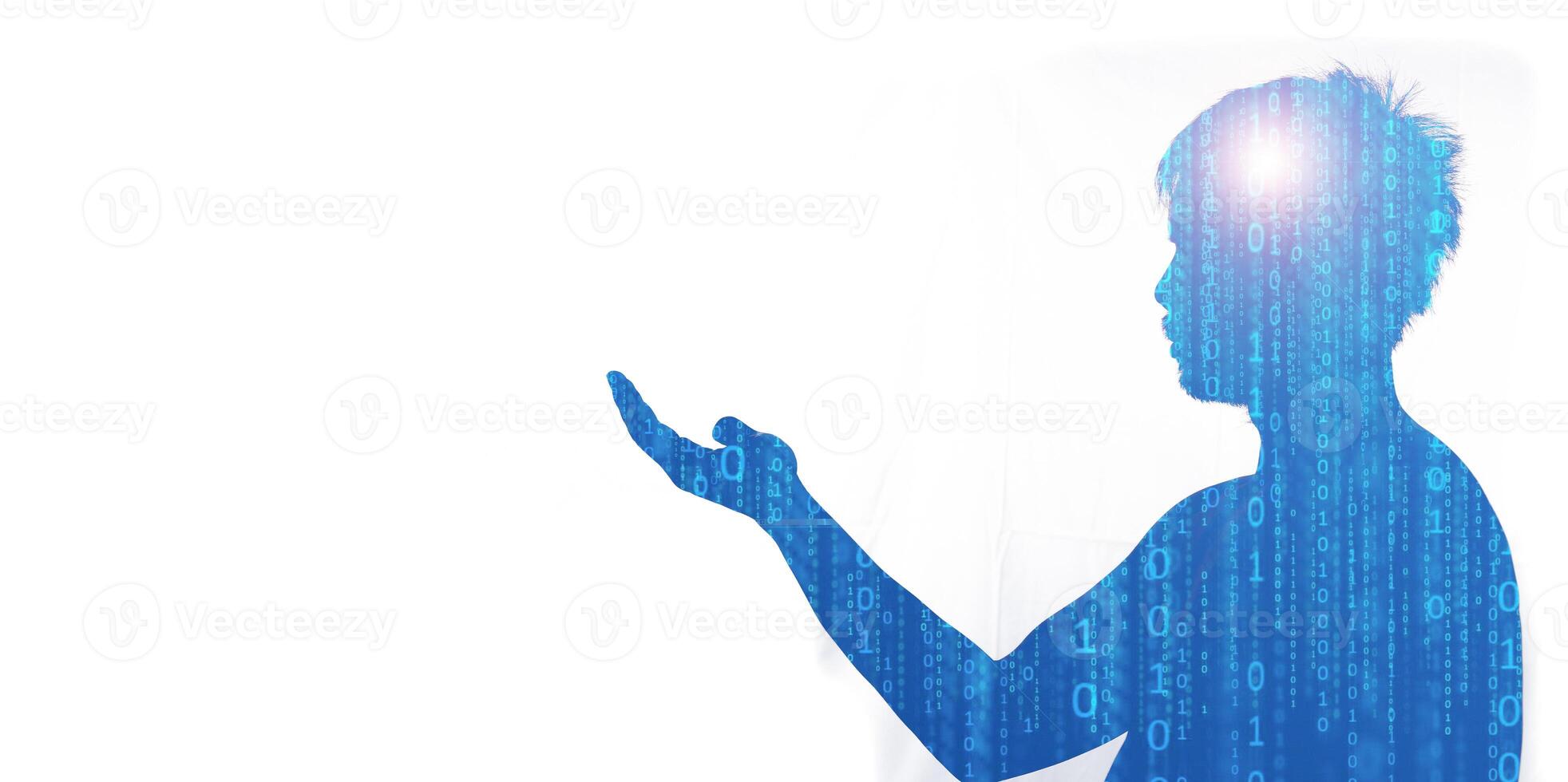 Silhouette of a Person with Digital Binary Code Overlay and Light Burst ...