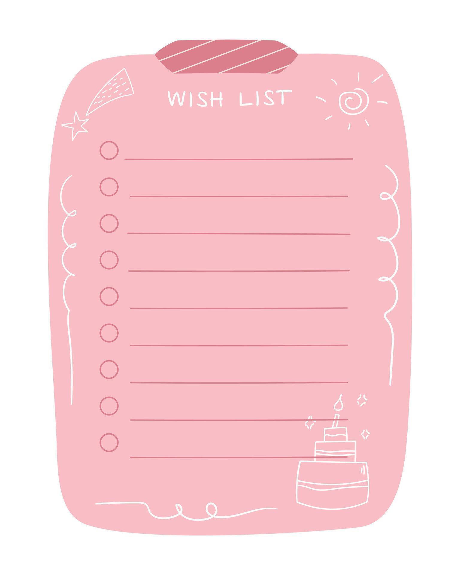 Hand drawn Wish list template for Birthday wishes. Paper note decorated ...