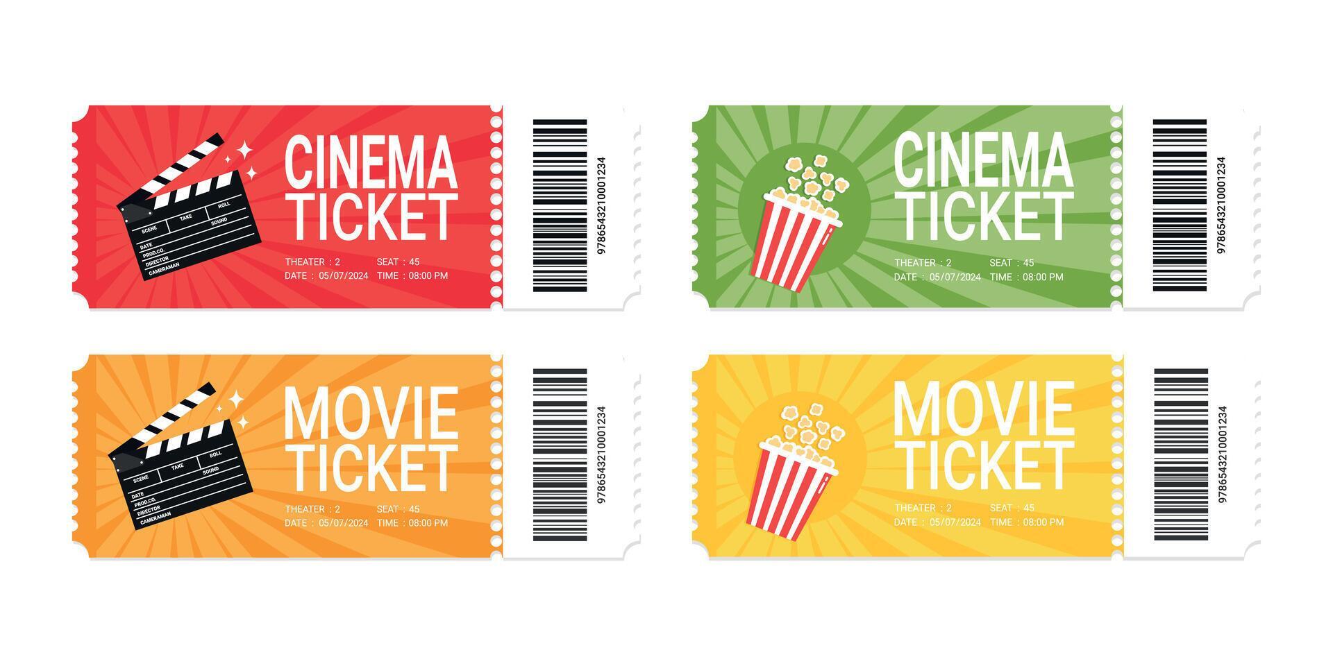 Modern movie or cinema ticket design set. Realistic front view. Cinema ...