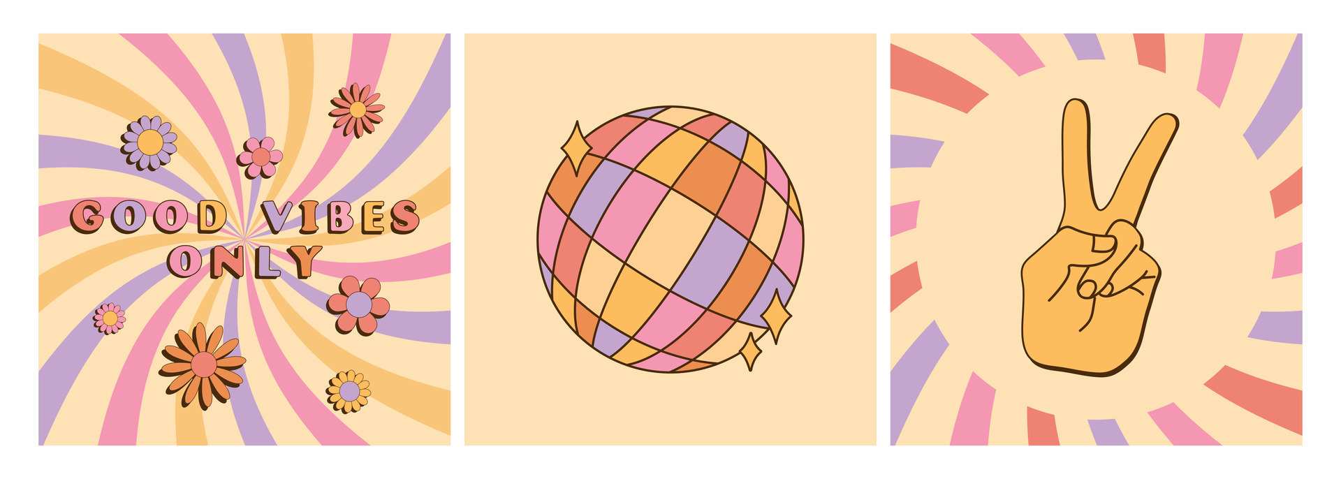 Groovy backgrounds set. Good vibes only slogan, disco ball, hand peace sign. 70 s Hippie retro ...