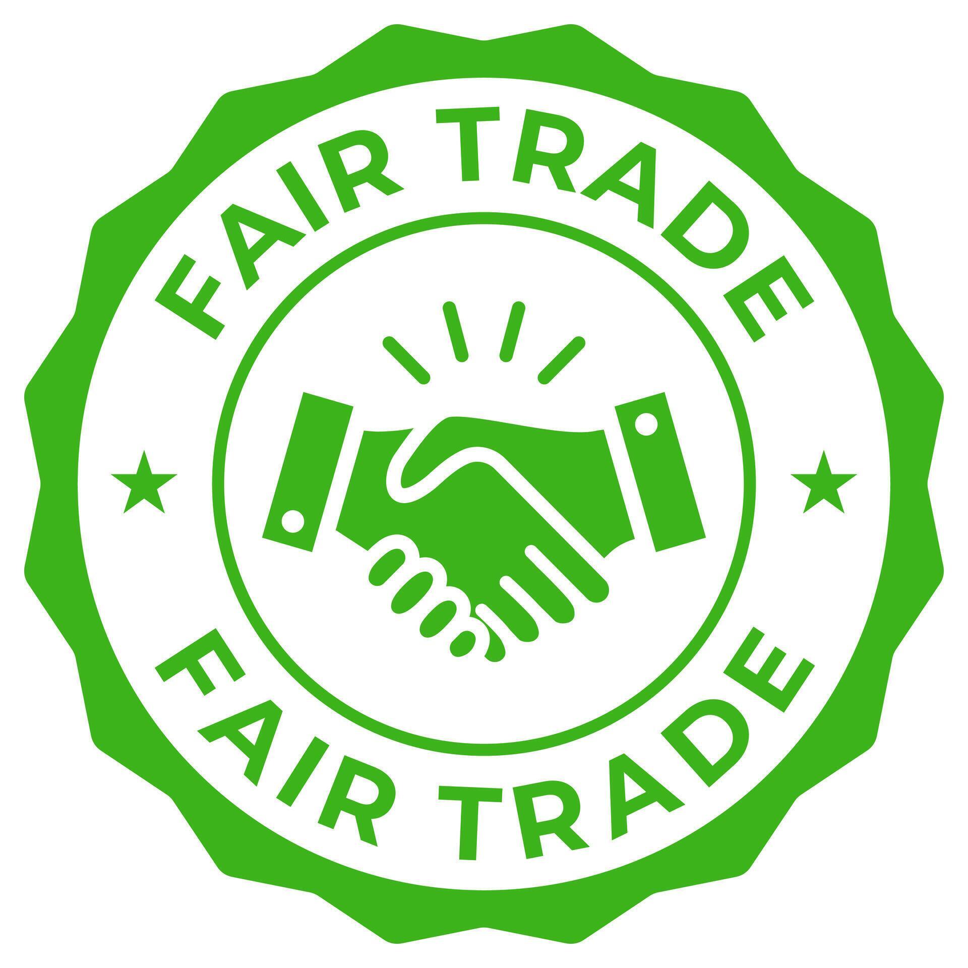 Fair trade icon. Partnership green logo, symbol, badge, tag or emblem. Handshake label, seal ...
