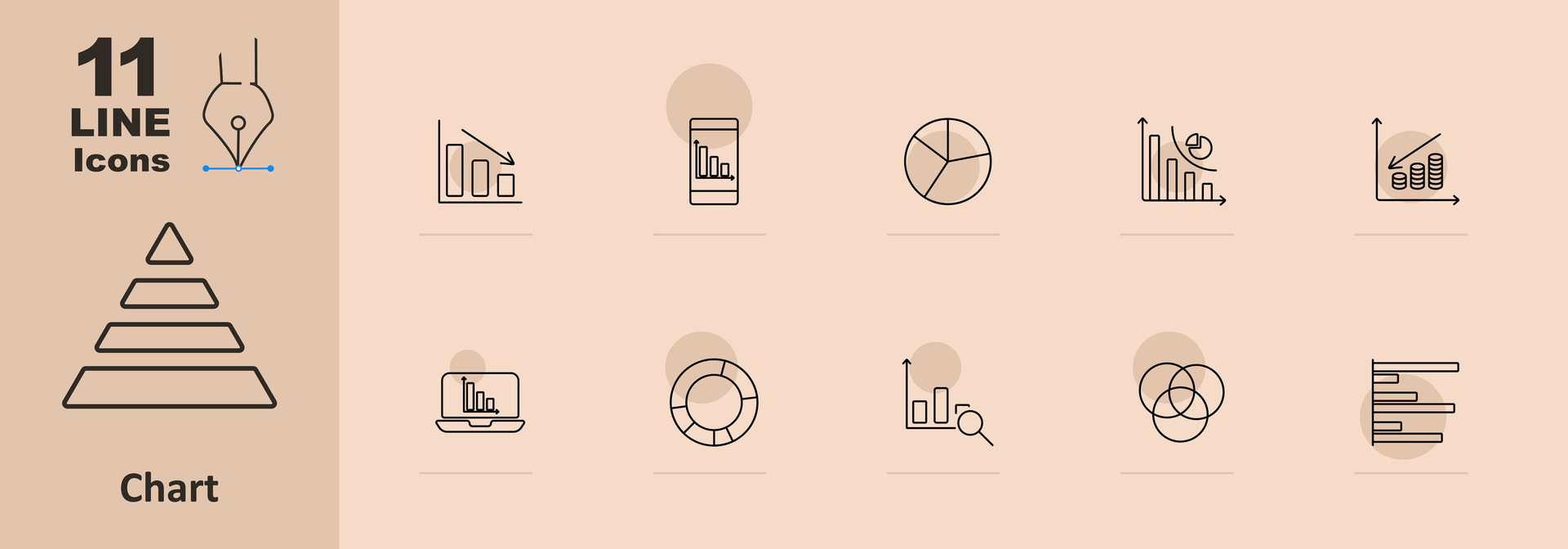 Chart set icon. Bar chart, line, pie, stacked coins, decrease graph, increase graph, statistical ...
