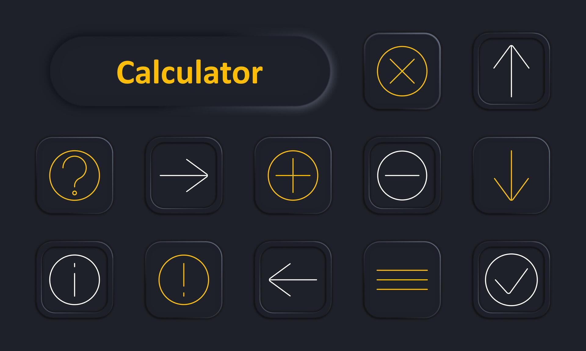 Calculator set icon. Question mark, arrow, plus, minus, multiply ...