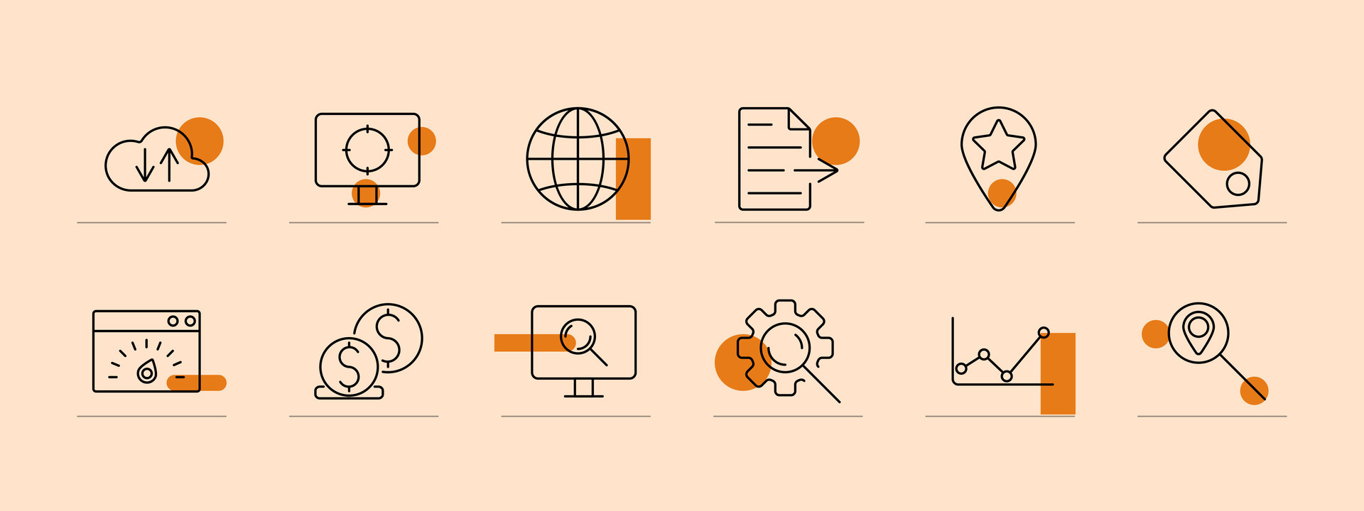 Website icon set. Settings gear, browser window, document, lightbulb, webpage, hyperlink, search ...