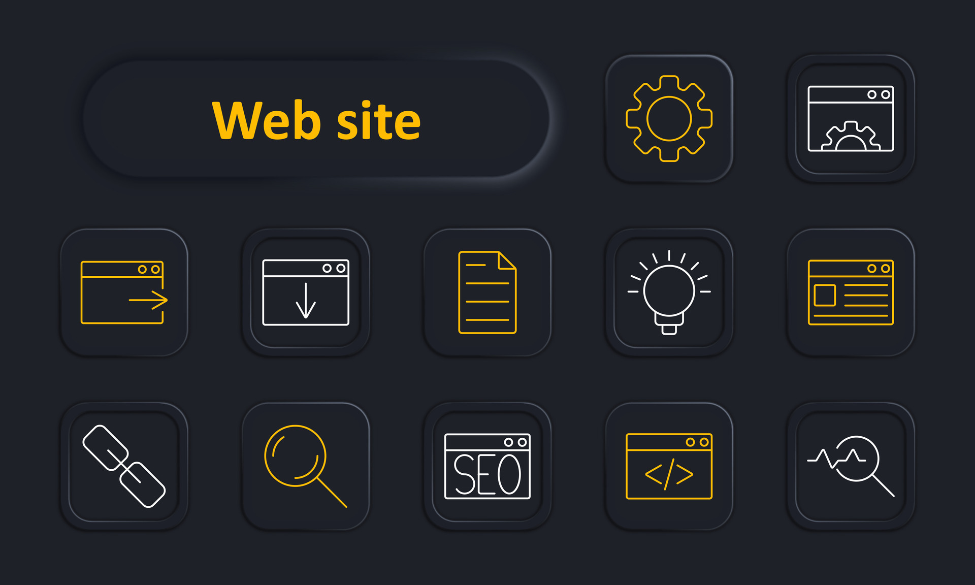 Website set icon. Webpage, download, document, lightbulb, browser window, link, magnifying glass ...